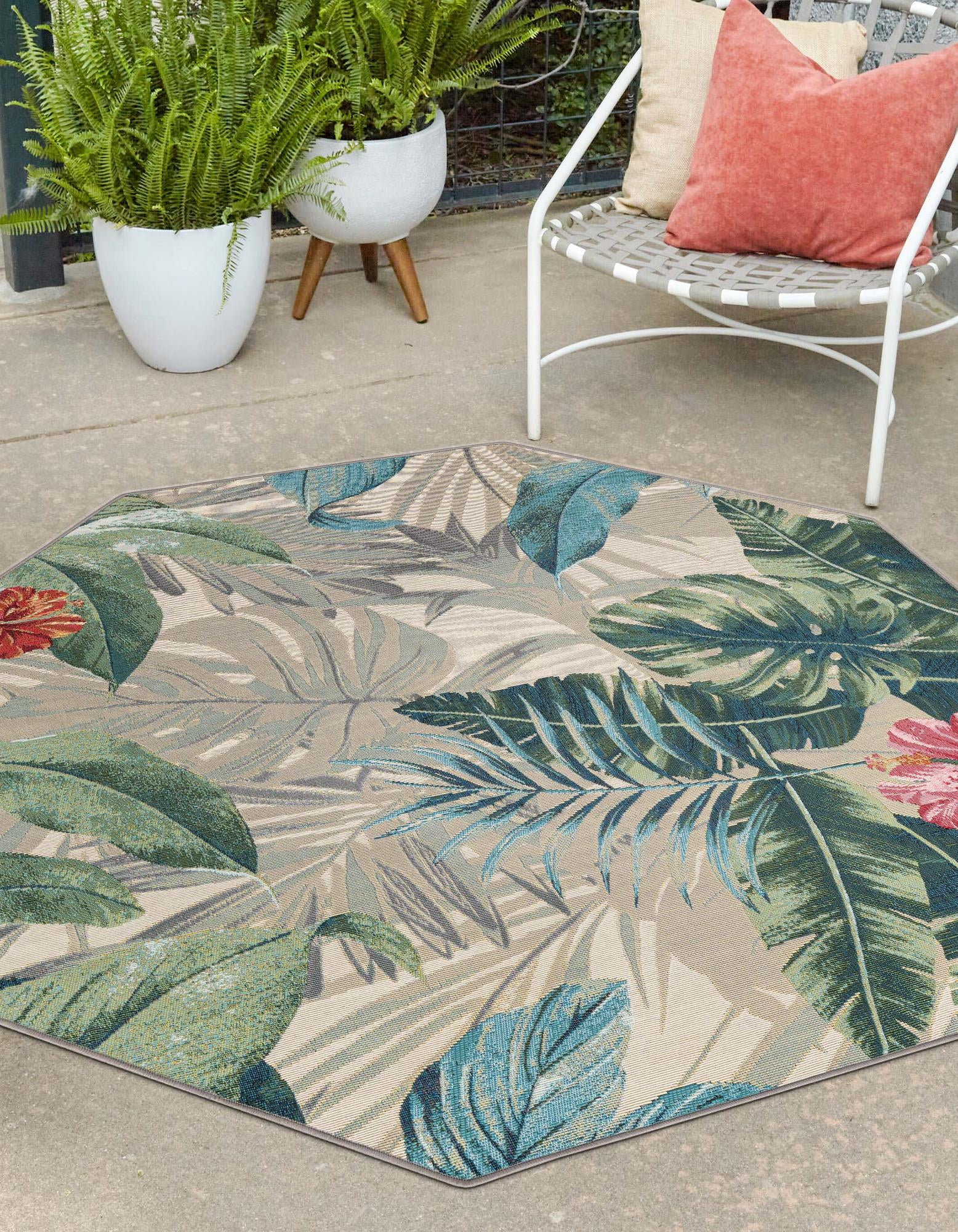 Multicolor 4' x 4' Botanical Indoor / Outdoor Octagon Rug | Rugs.com
