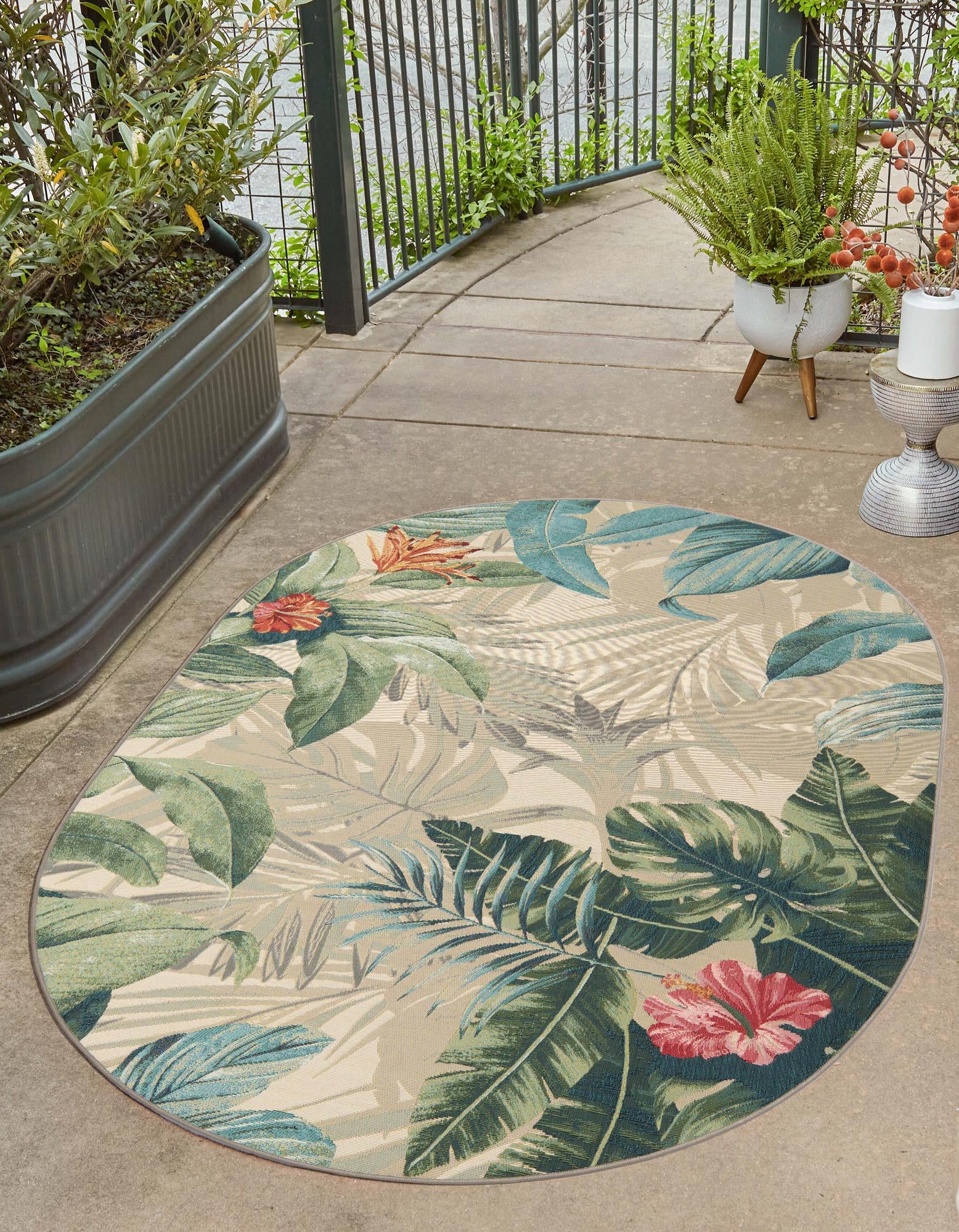 Multicolor 5' 3 x 8' Botanical Indoor / Outdoor Oval Rug | Rugs.com