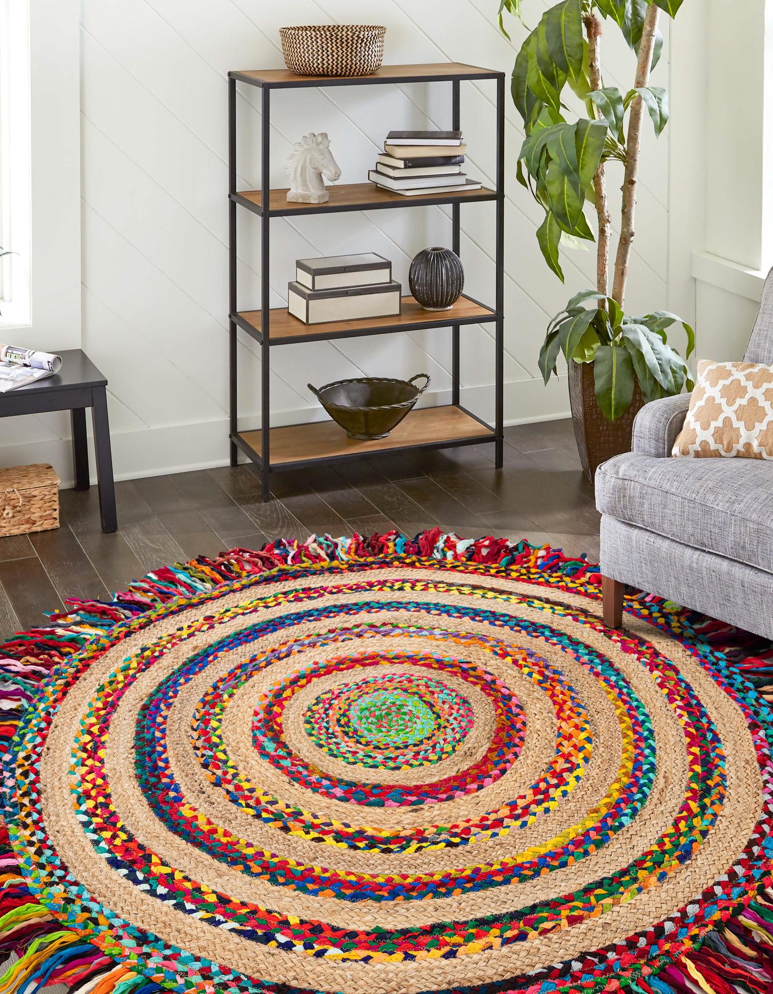 Multicolor 10' x 10' Hand Braided Chindi Jute Round Rug | Rugs.com