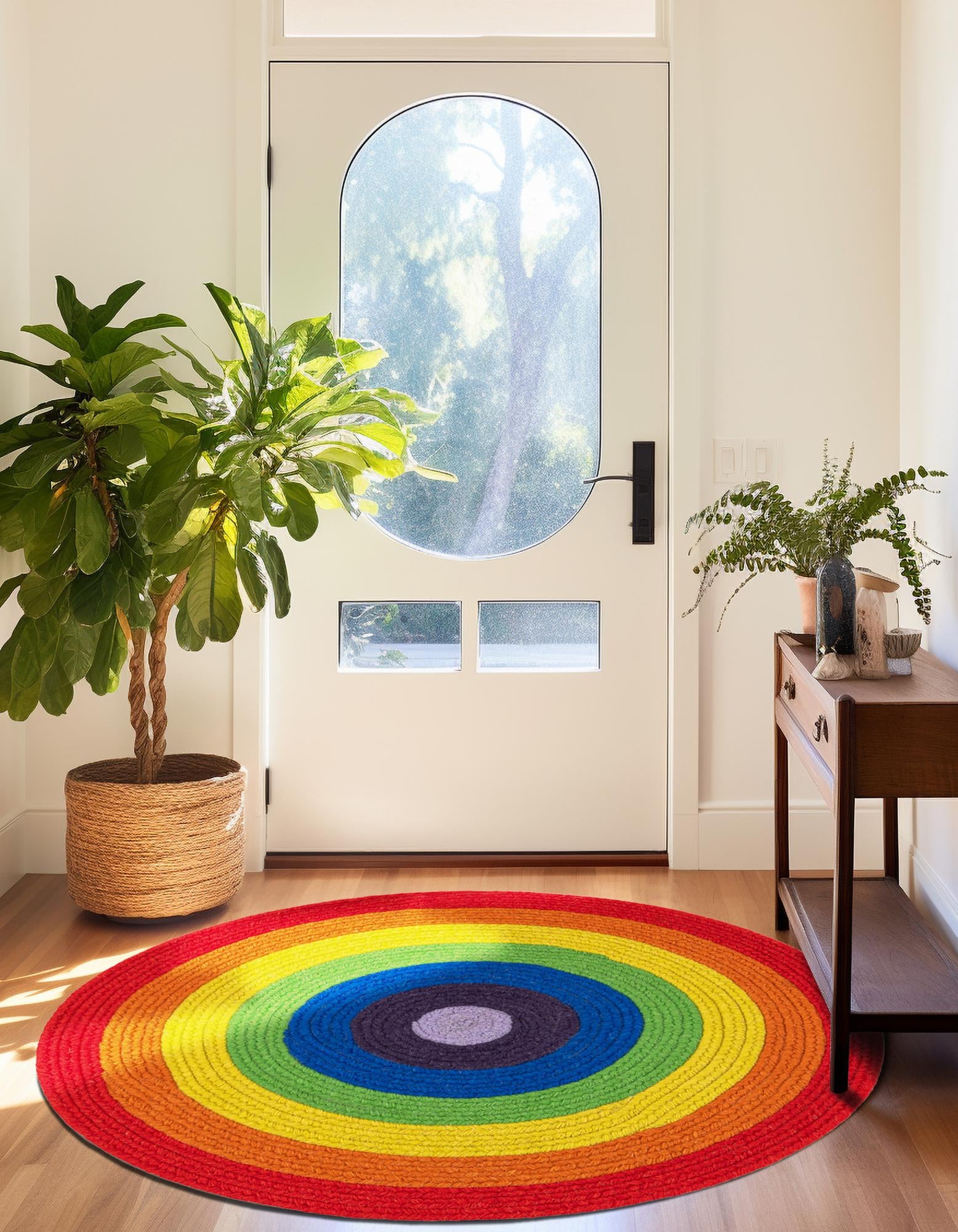 Multicolor 4' 1 x 4' 1 Hand Hand Braided Rainbow Wool Round Rug | Rugs.com