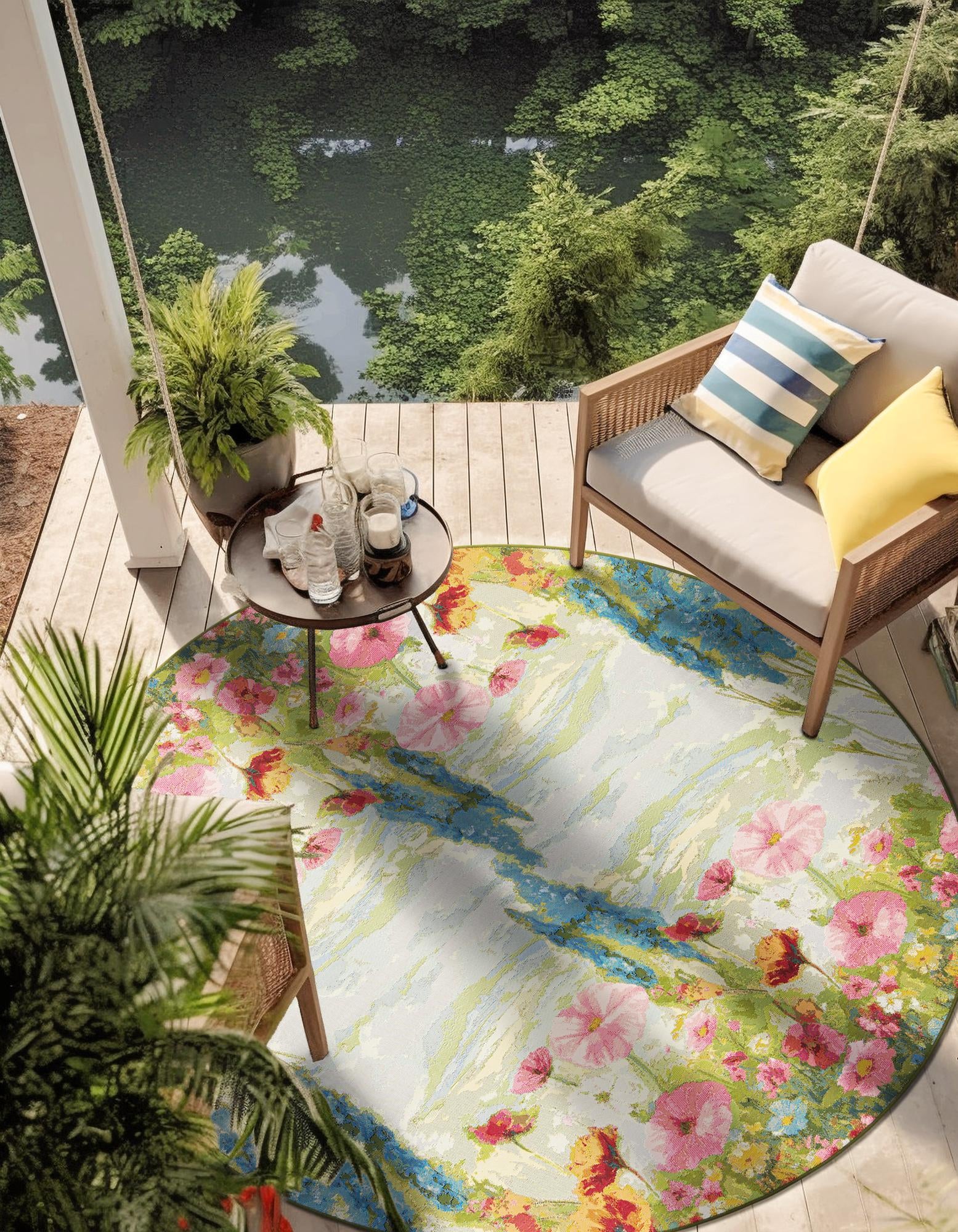 Multicolor 4' x 4' Botanical Indoor / Outdoor Round Rug | Rugs.com