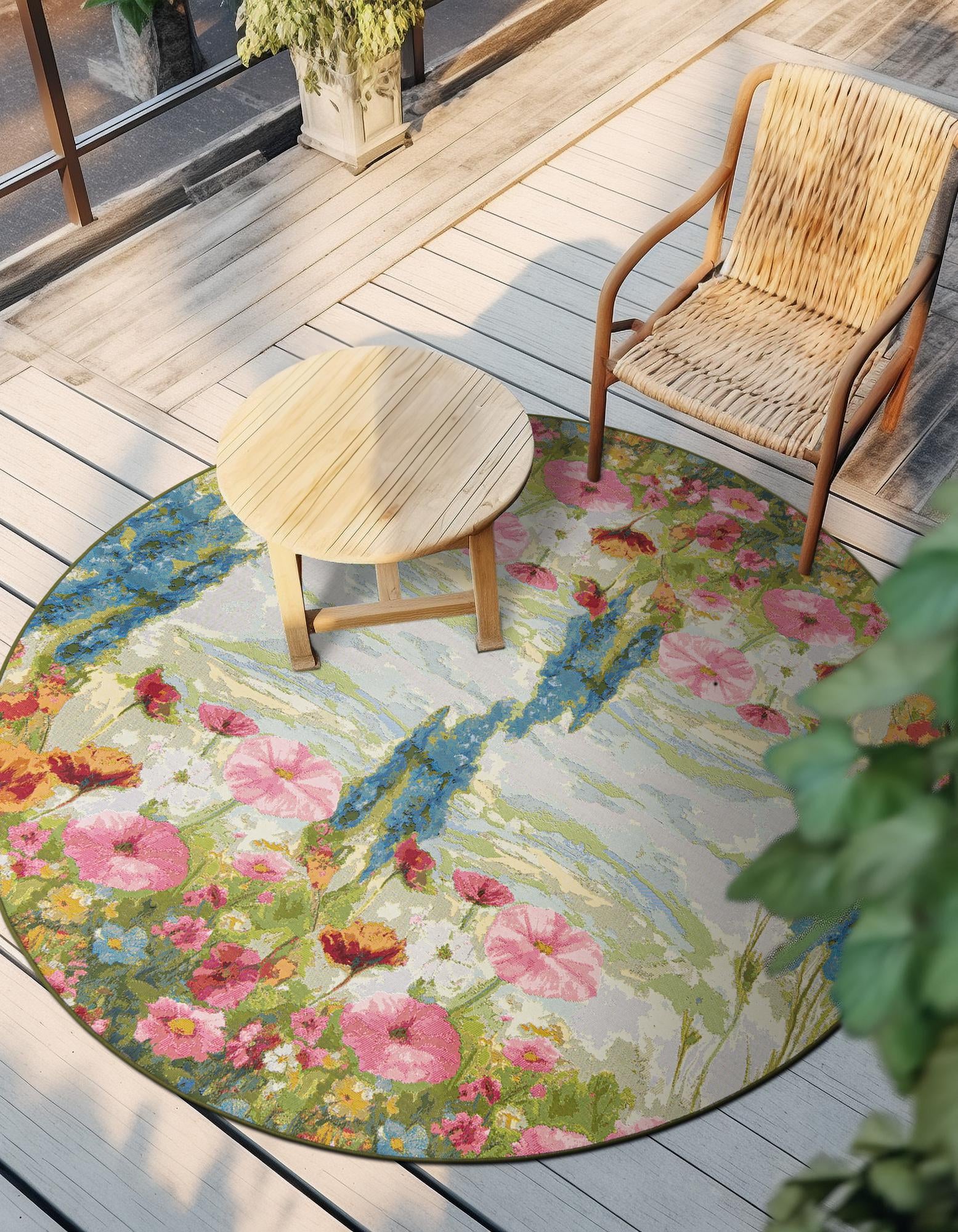 Multicolor 4' x 4' Botanical Indoor / Outdoor Round Rug | Rugs.com