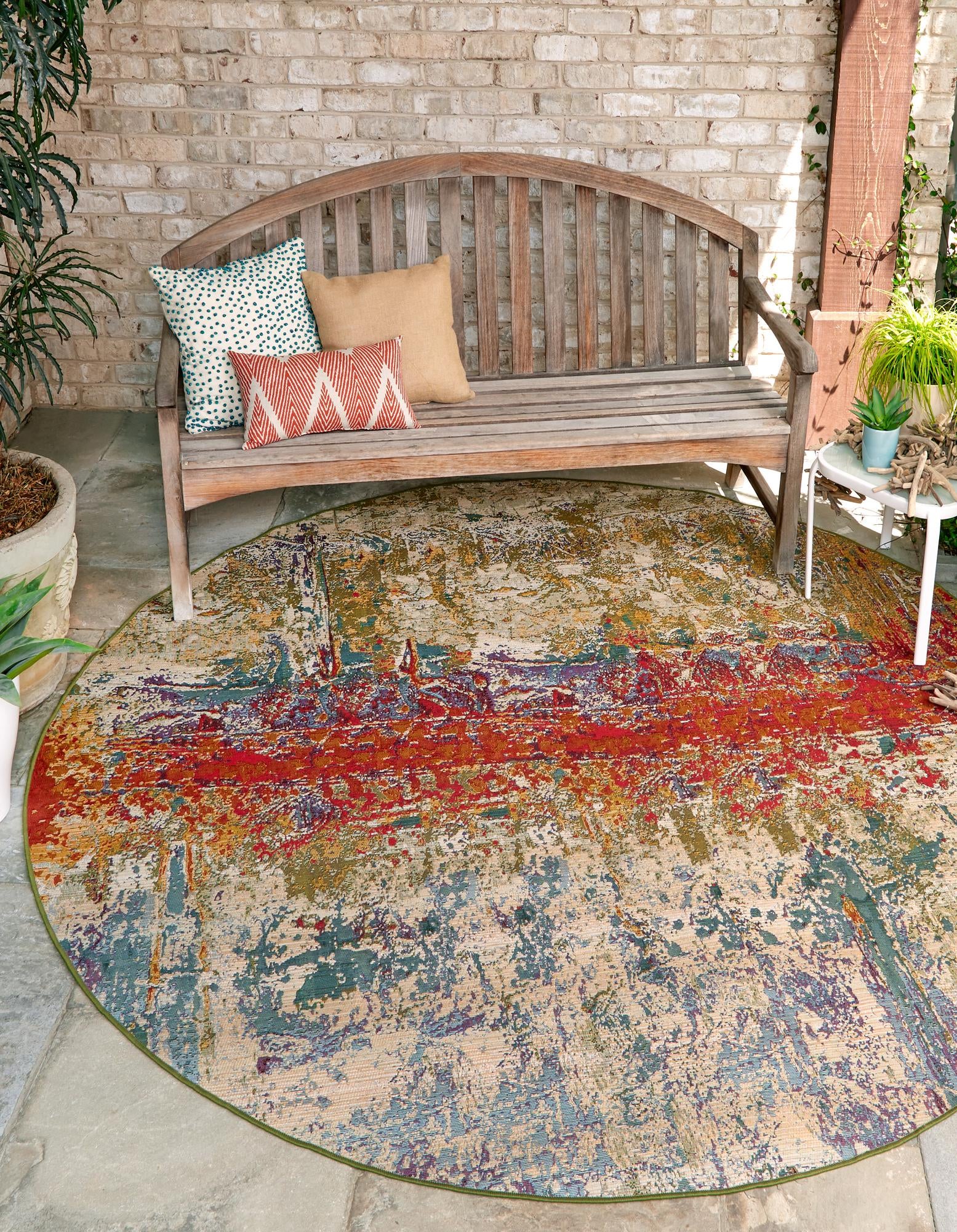 Multicolor 8' x 8' Modern Indoor / Outdoor Round Rug | Rugs.com