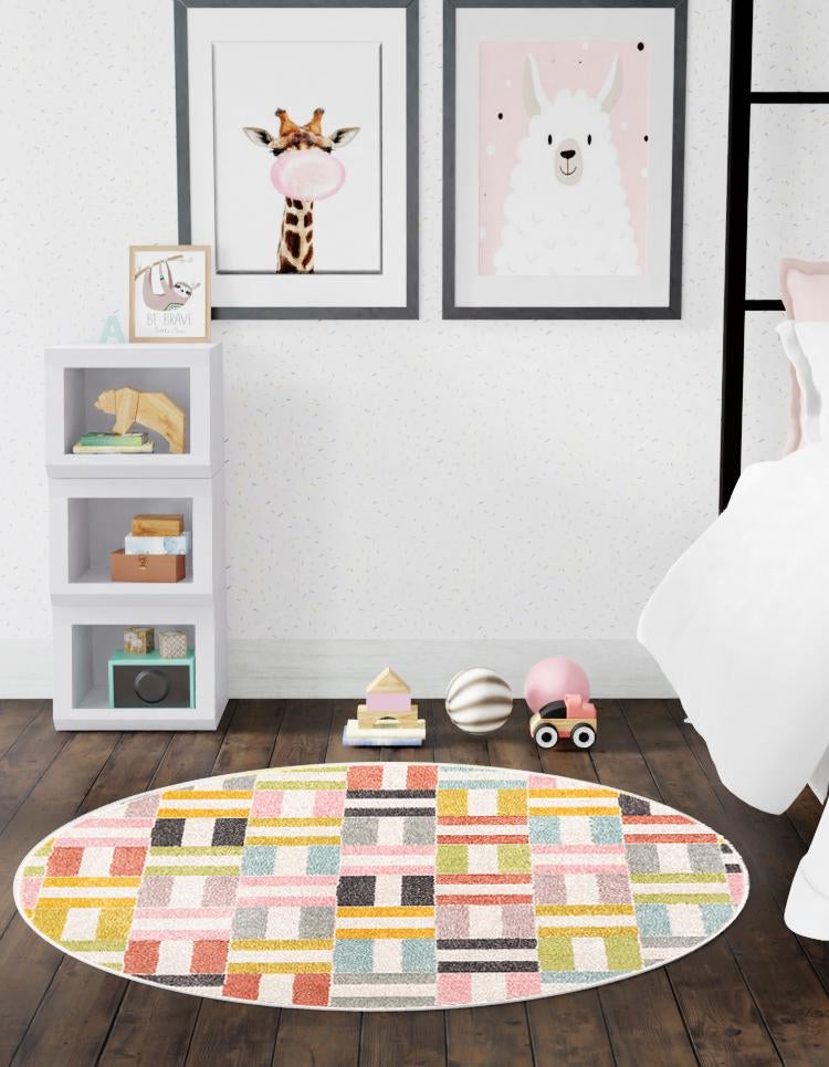 Multicolor 5' 3 x 5' 3 Checkered Whimsy Kids Round Rug | Rugs.com