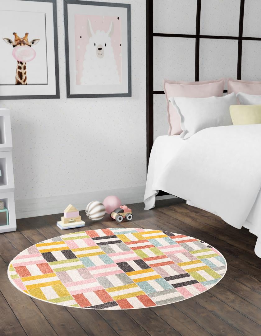 Multicolor 5' 3 x 5' 3 Checkered Whimsy Kids Round Rug | Rugs.com