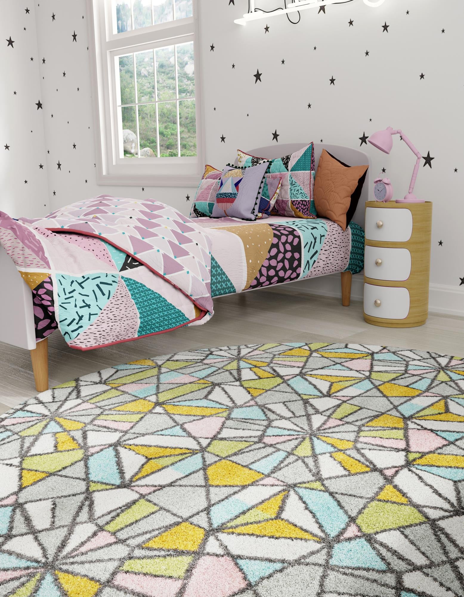 Multicolor 7' 10 x 7' 10 Stained Glass Whimsy Kids Round Rug | Rugs.com