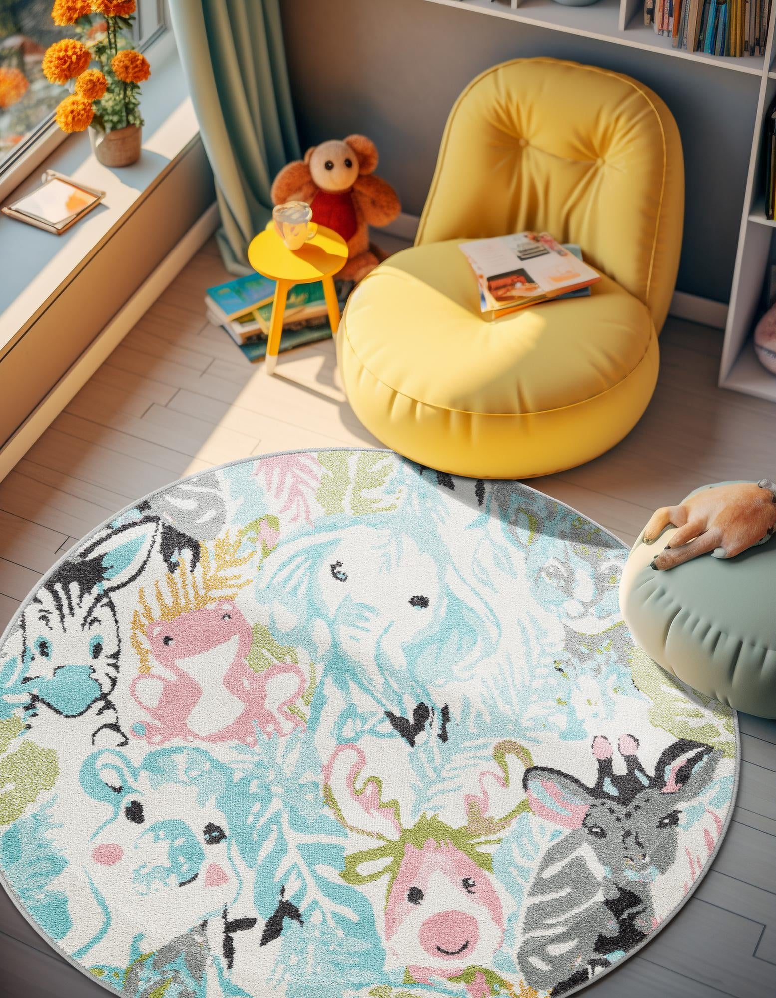Multicolor 7' 10 x 7' 10 Animals Whimsy Kids Round Rug | Rugs.com