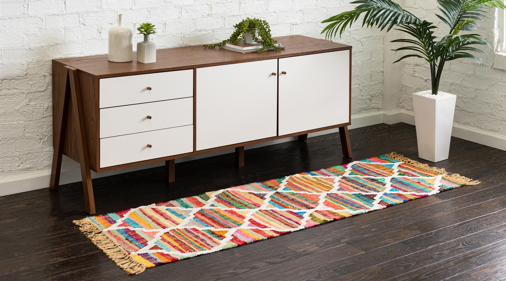 Multicolor 2' 2 x 6' 1 Hand Woven Chindi Trellis Runner Rug | Rugs.com