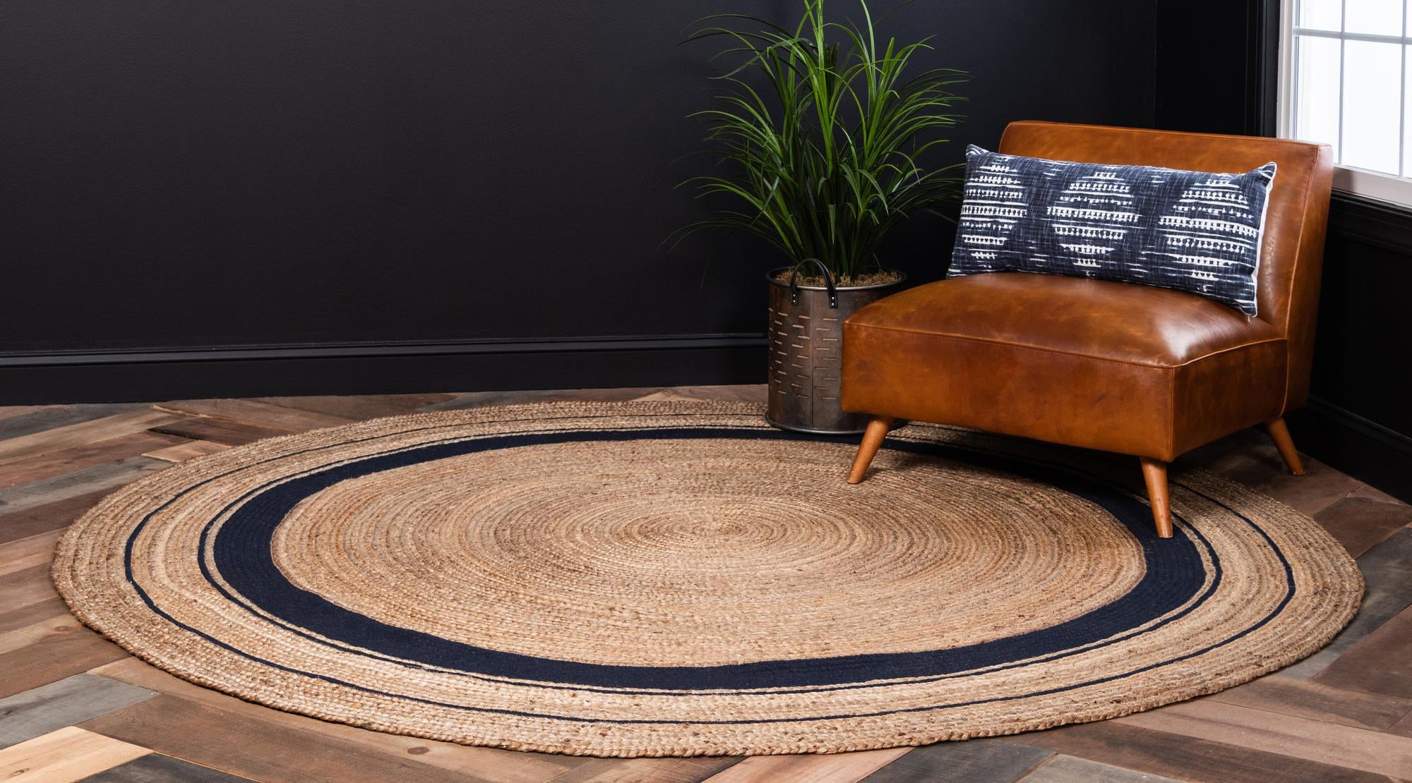 Natural and Navy Blue 8' x 8' Hand Braided Jute Round Rug | Rugs.com