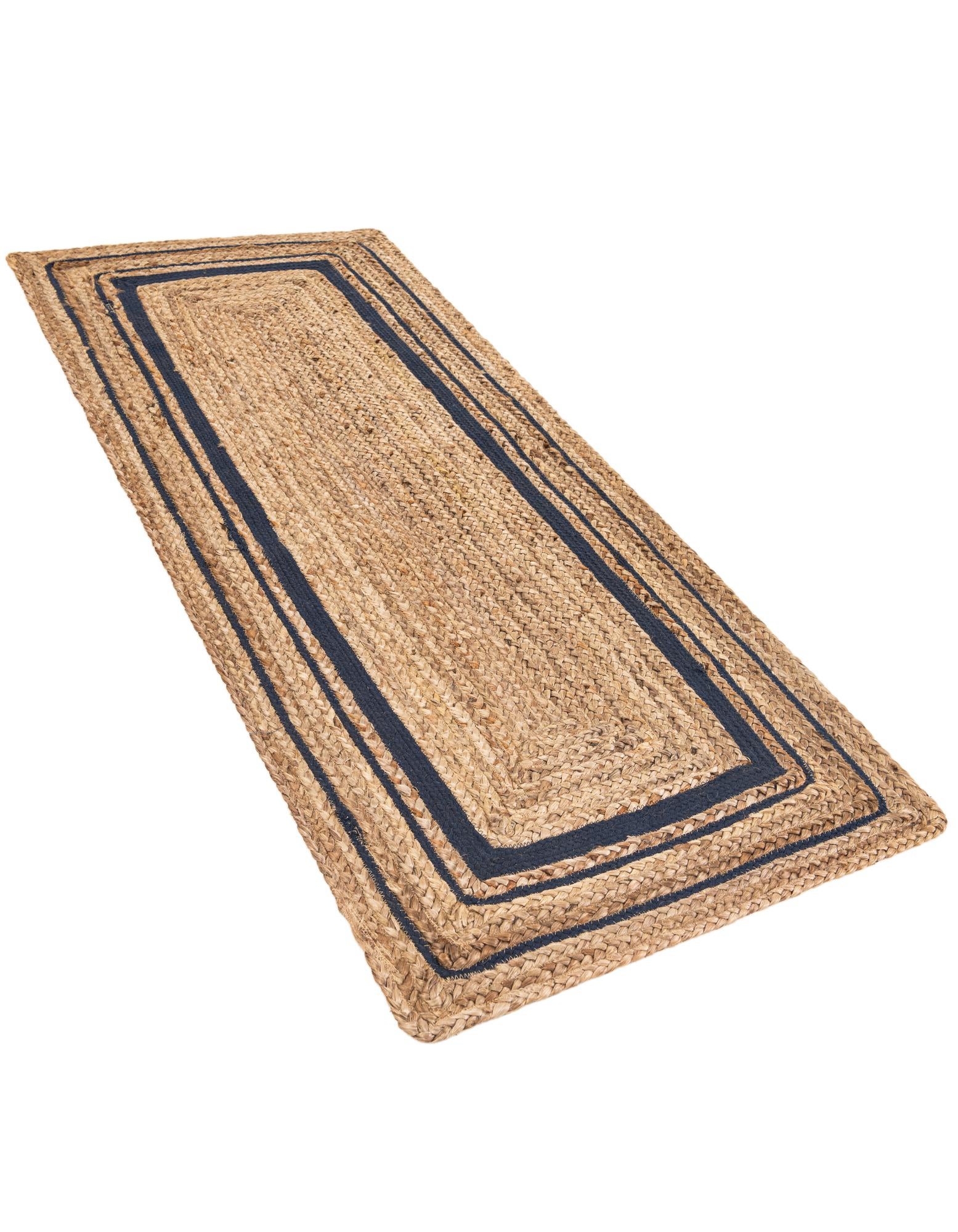 Natural and Navy Blue 2' 6 x 6' 1 Hand Braided Jute Runner Rug | Rugs.com