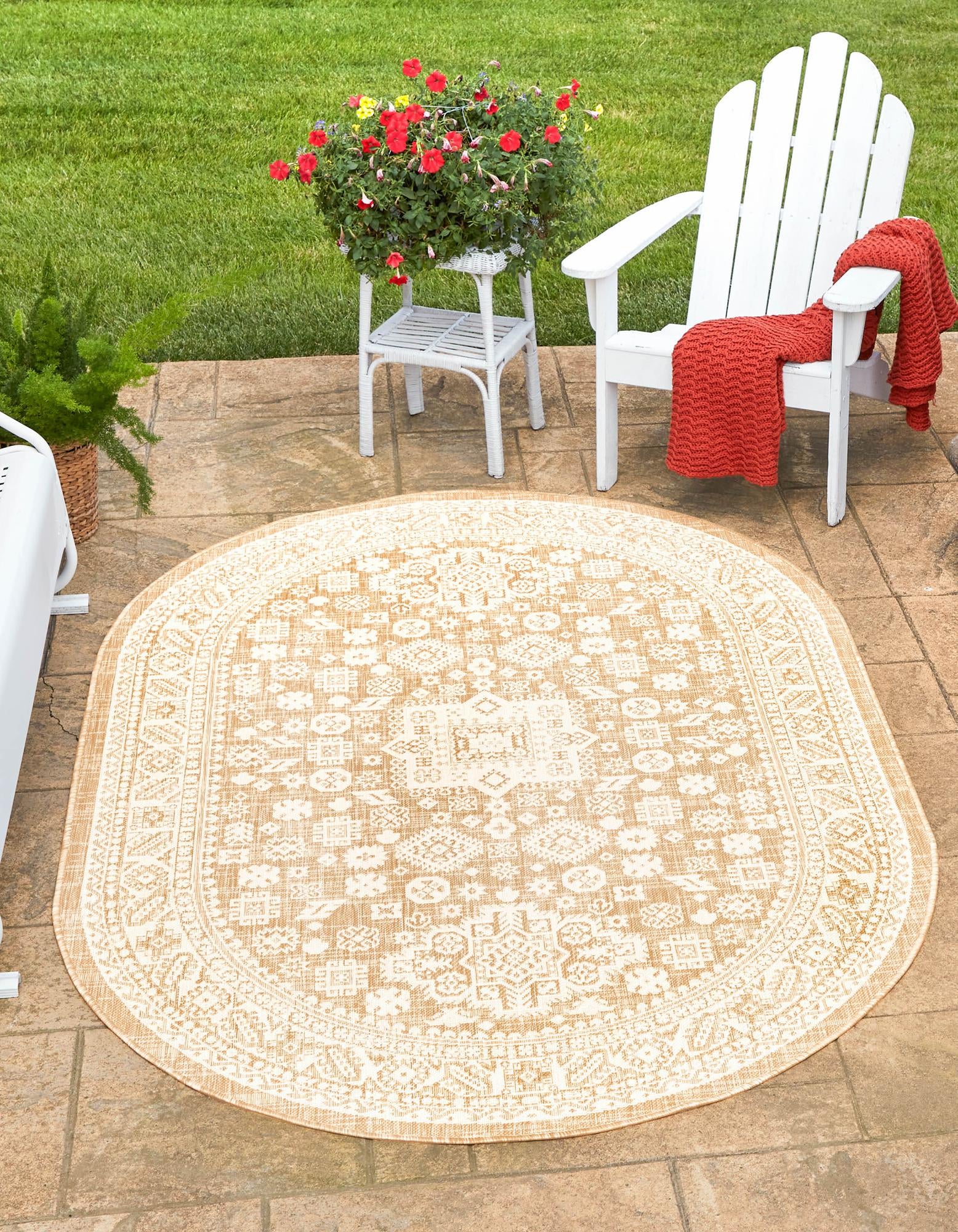 Natural 7' 10 x 10' Aztec Indoor / Outdoor Oval Rug | Rugs.com