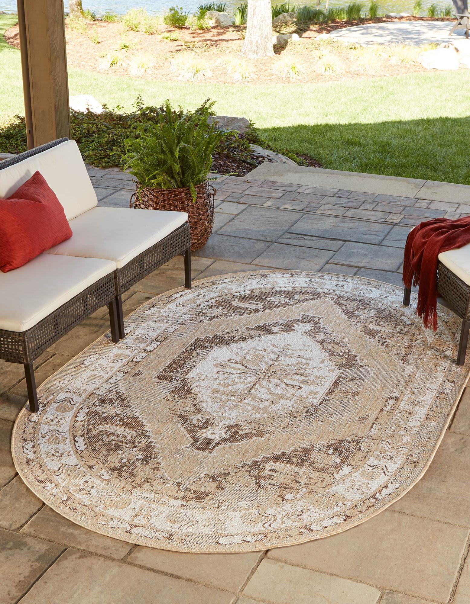 Natural 7' 10 x 10' Traditional Indoor / Outdoor Oval Rug | Rugs.com