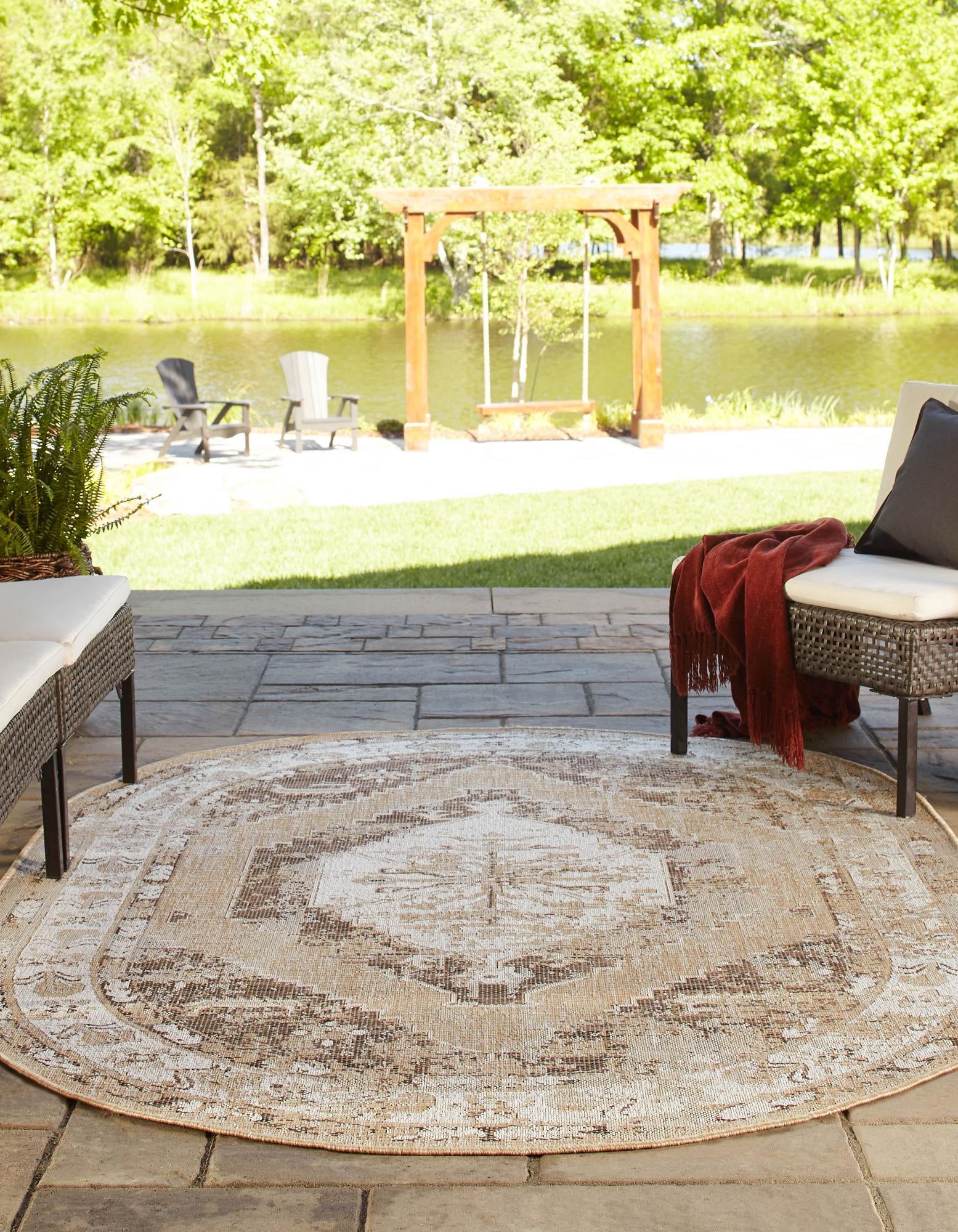 Natural 7' 10 x 10' Traditional Indoor / Outdoor Oval Rug | Rugs.com
