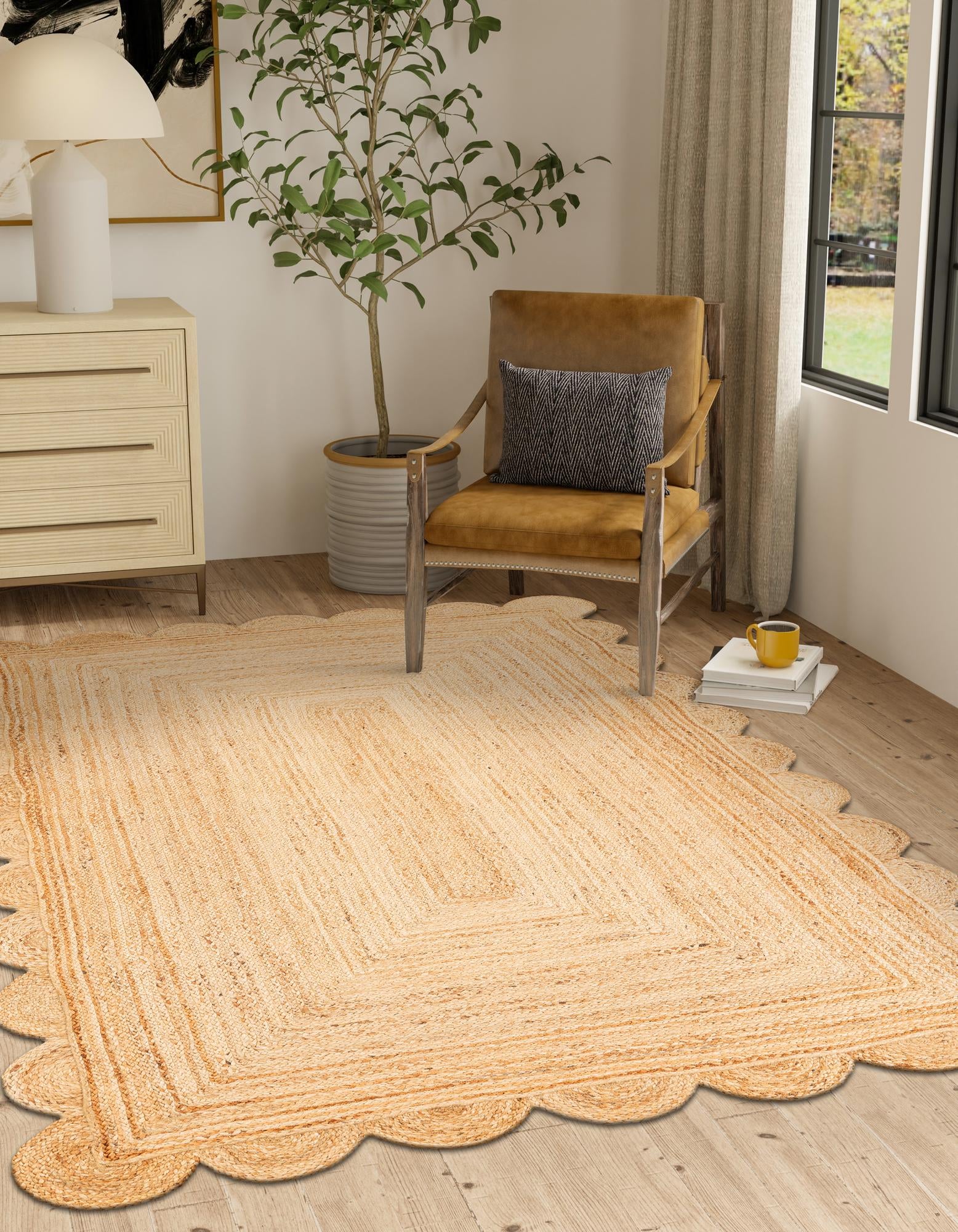 Natural 5' 1 x 8' Hand Woven Scallop Braided Jute Rug | Rugs.com