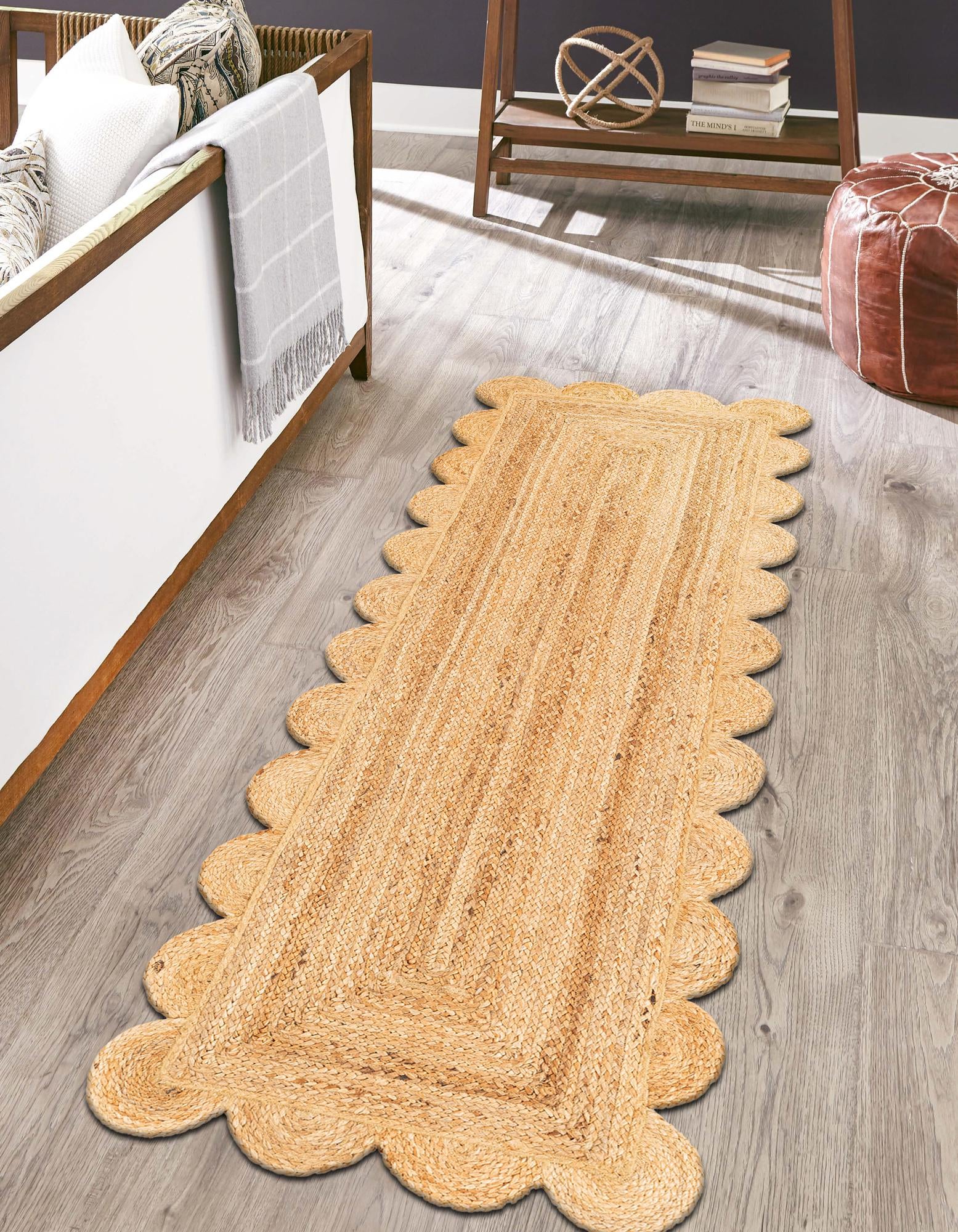 Natural 2' x 8' Hand Woven Scallop Braided Jute Runner Rug | Rugs.com