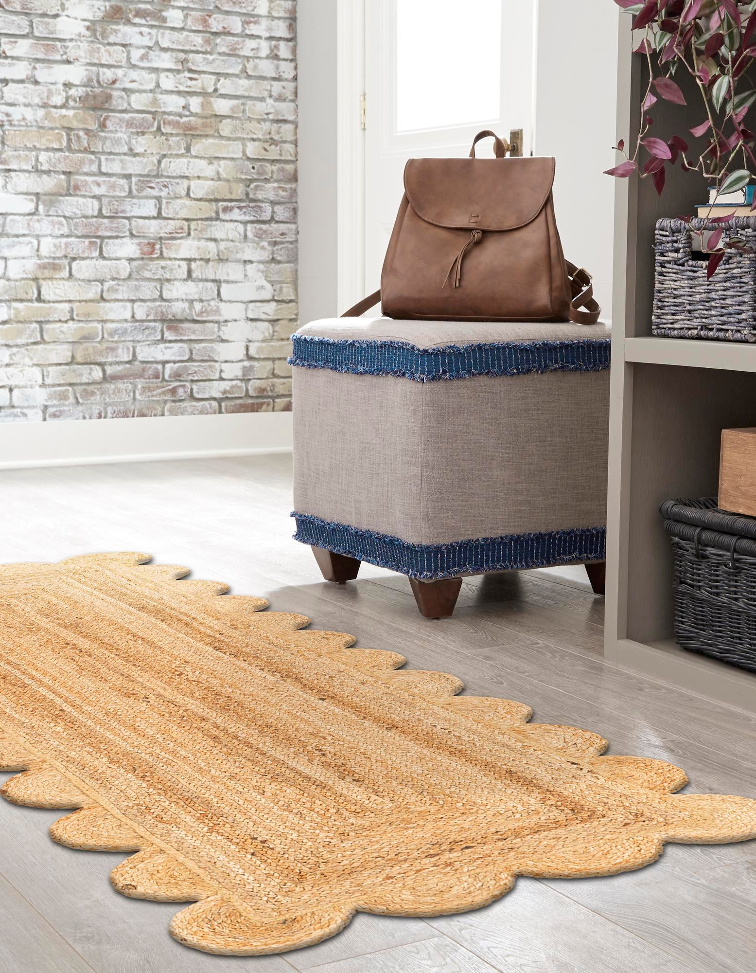Natural 2' x 5' 1 Hand Woven Scallop Braided Jute Runner Rug | Rugs.com