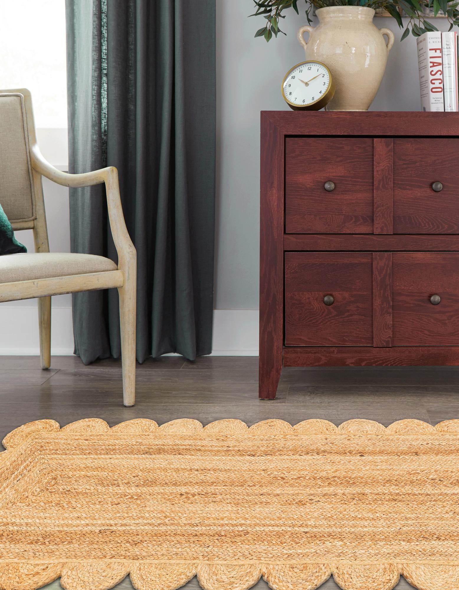 Natural 2' x 8' Hand Woven Scallop Braided Jute Runner Rug | Rugs.com
