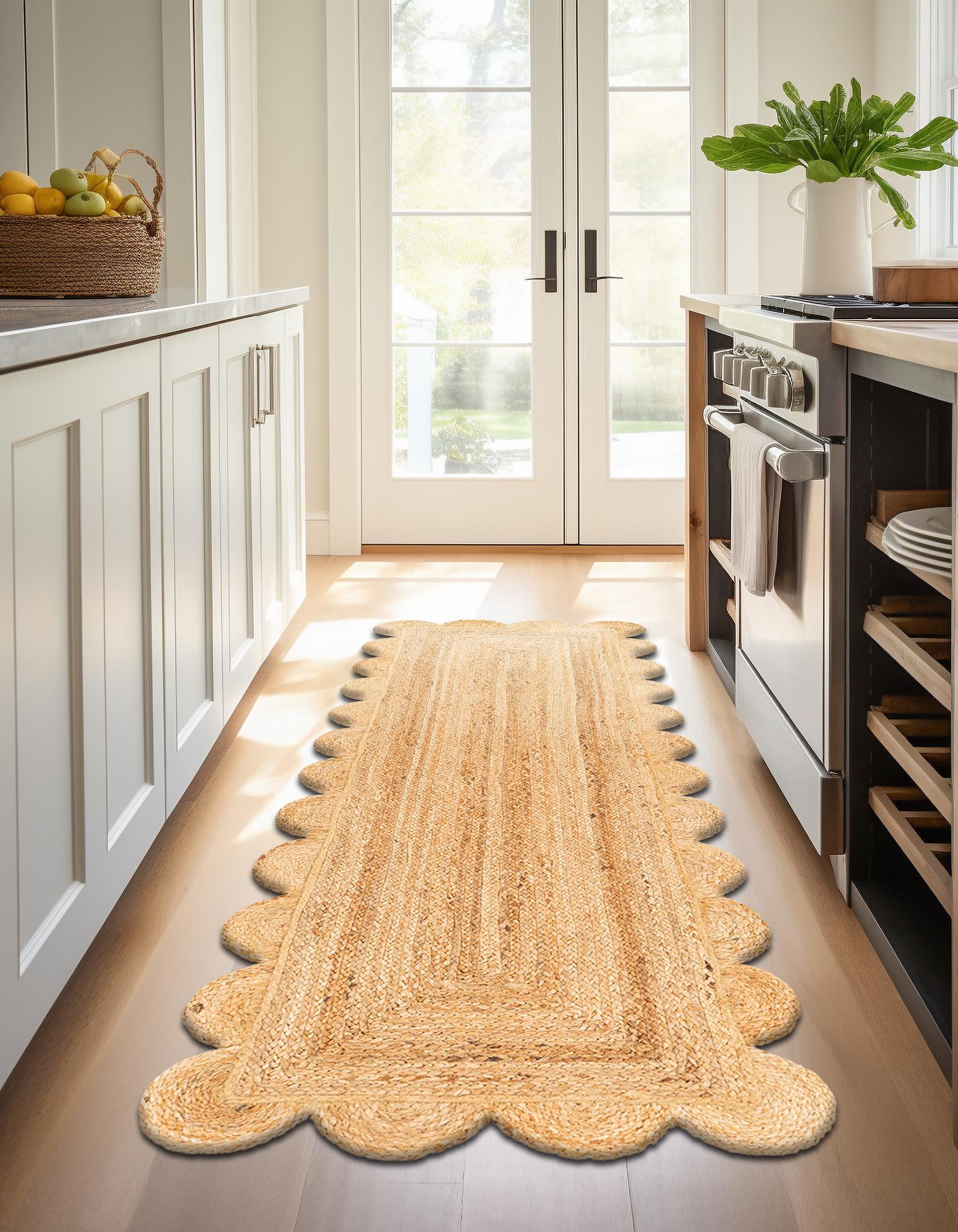 Natural 2' x 8' Hand Woven Scallop Braided Jute Runner Rug | Rugs.com