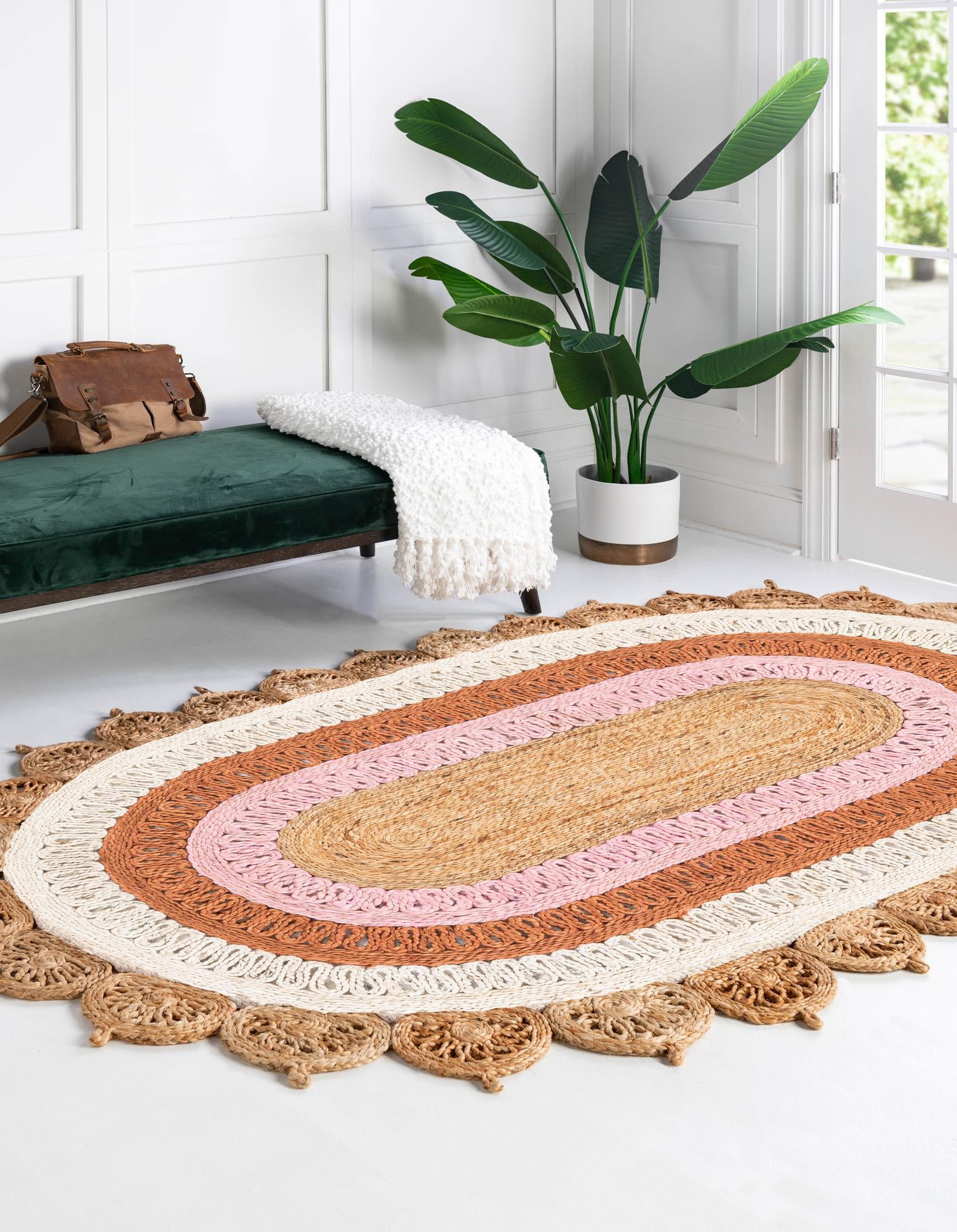 Natural White Orange Pink 4' 1 x 6' 1 Hand Braided Jute Oval Rug | Rugs.com