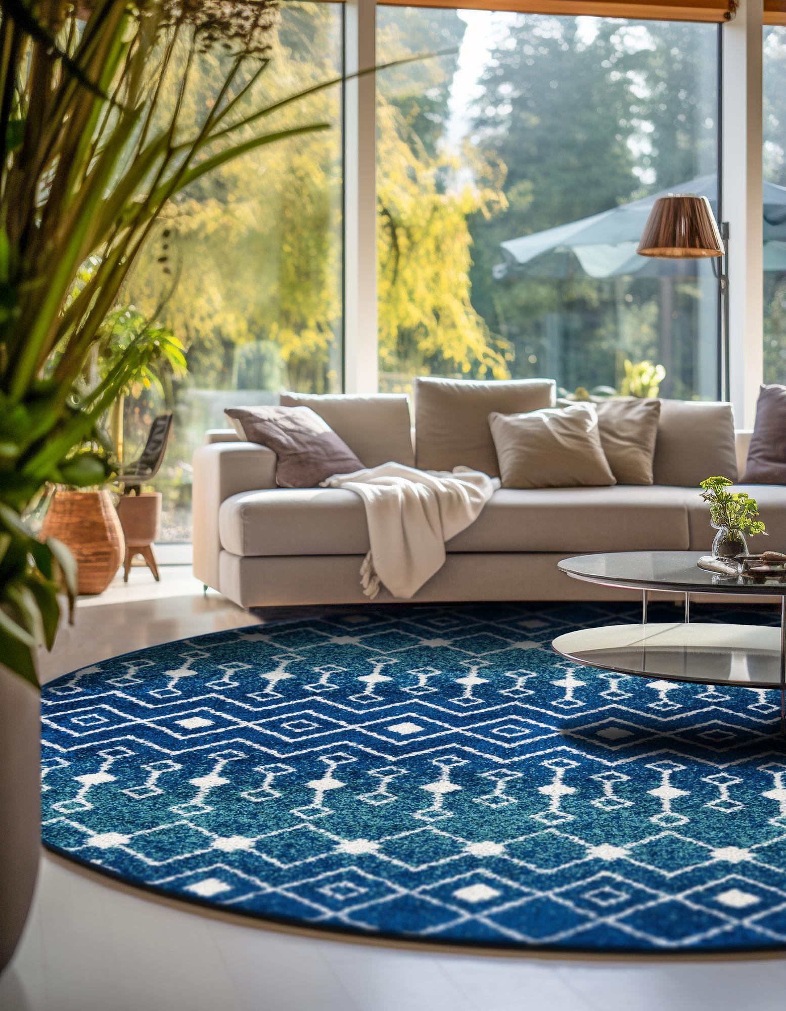 Navy and Teal 7' 10 x 7' 10 Moroccan Trellis Round Rug | Rugs.com