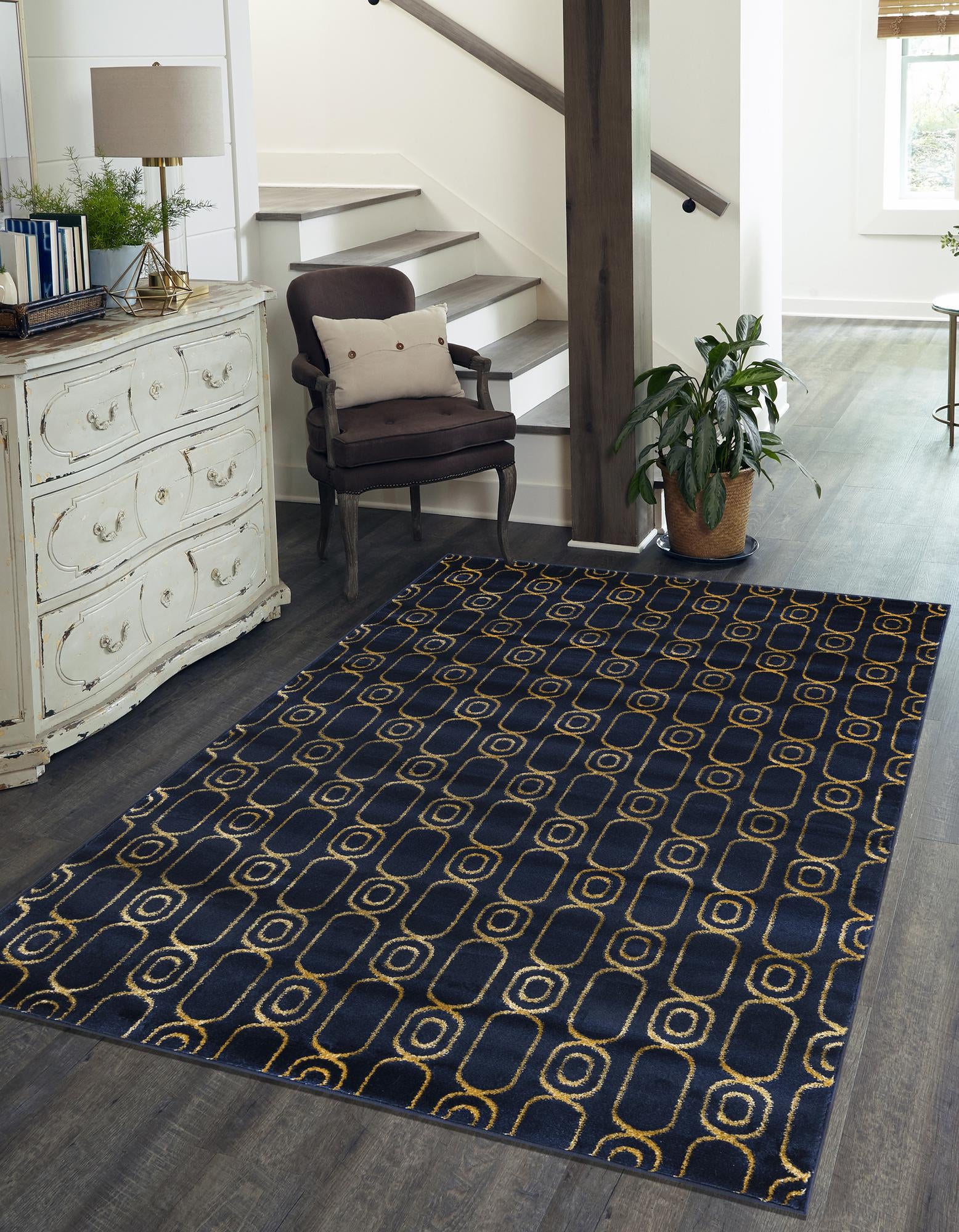 Navy Blue and Gold 4' x 6' Vogue Geo Rug | Rugs.com