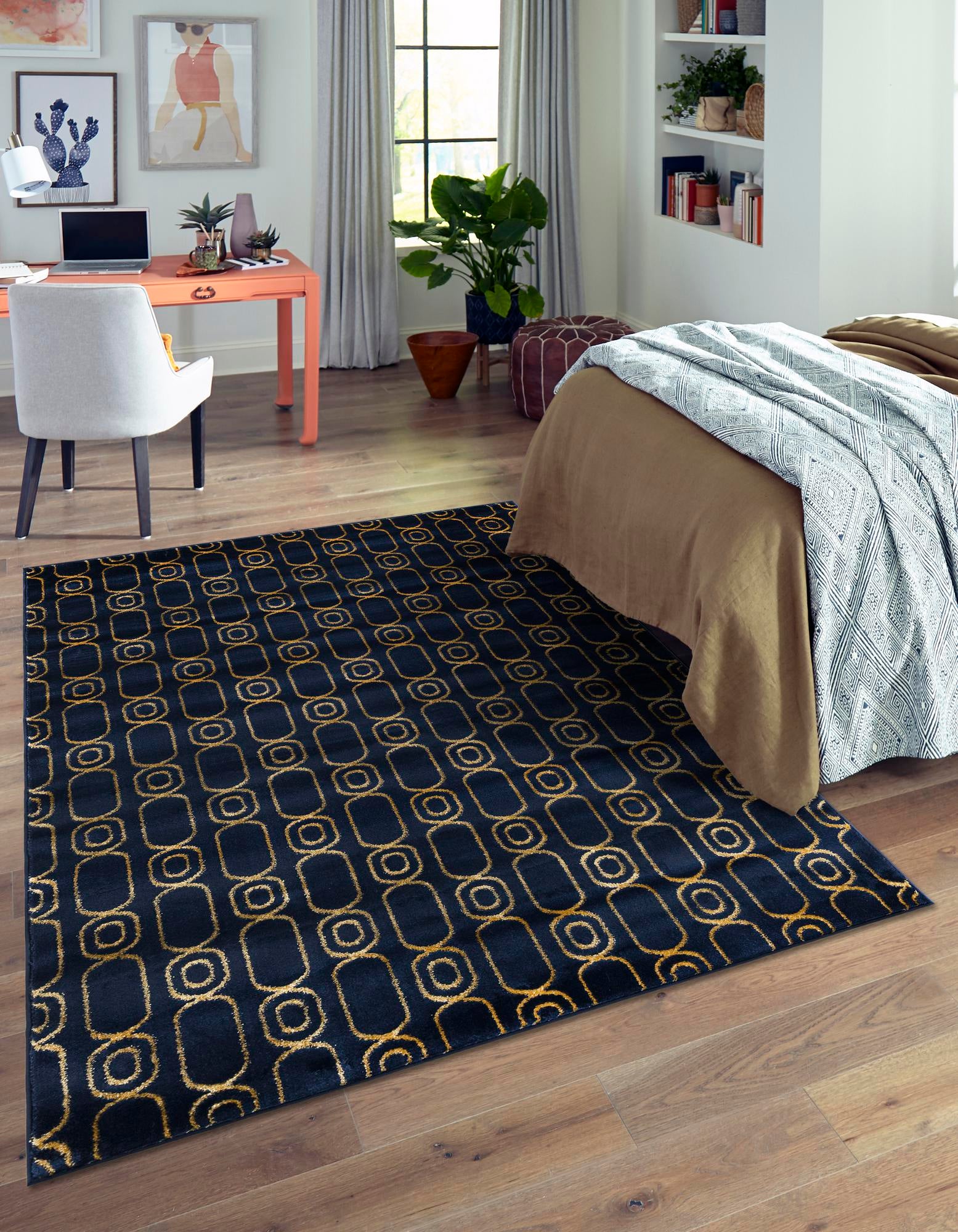 Navy Blue and Gold 4' x 6' Vogue Geo Rug | Rugs.com