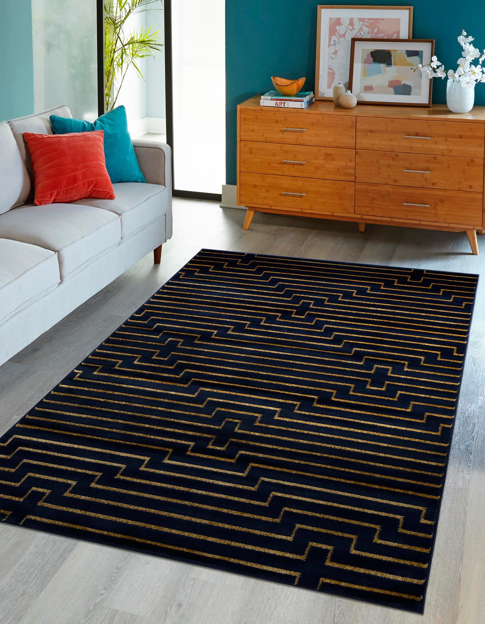 Navy Blue and Gold 7' 10 x 10' Vogue Geo Rug | Rugs.com