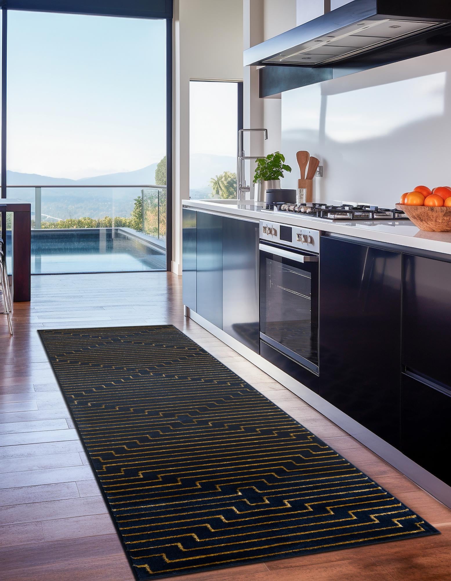 Navy Blue and Gold 2' x 8' Vogue Geo Runner Rug | Rugs.com