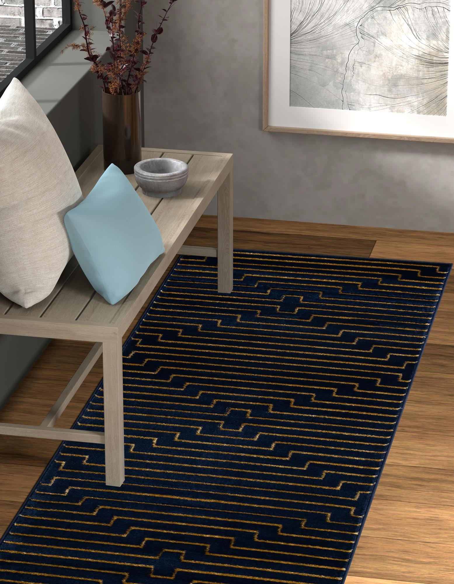 Navy Blue and Gold 2' x 8' Vogue Geo Runner Rug | Rugs.com