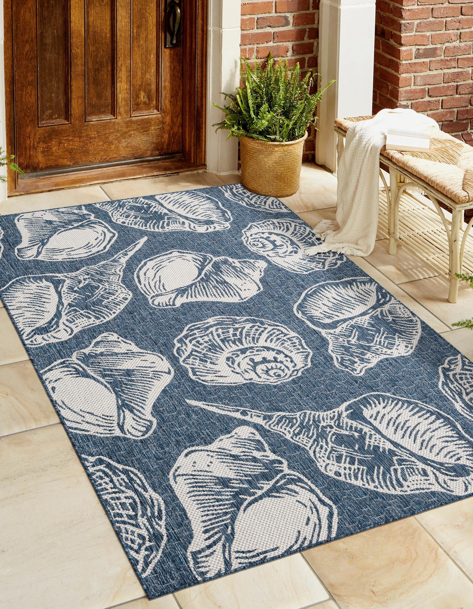 Navy Blue and Ivory 9' x 12' Coastal Indoor / Outdoor Rug | Rugs.com