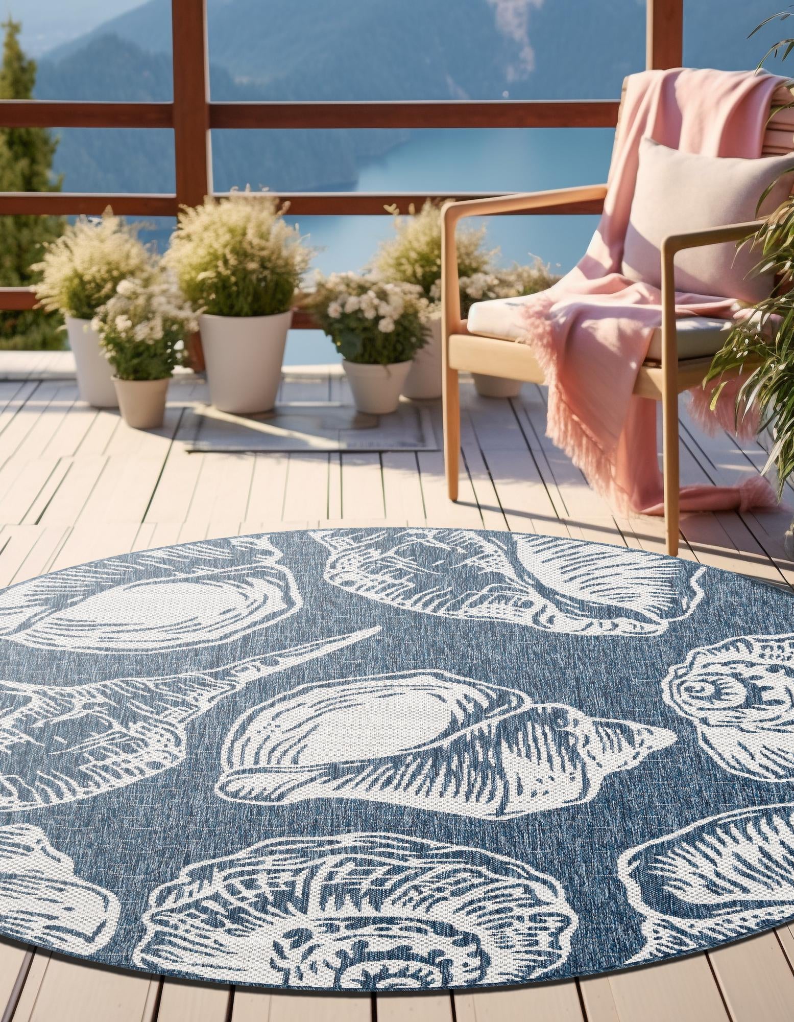 Navy Blue and Ivory 12' x 12' Coastal Indoor / Outdoor Round Rug | Rugs.com