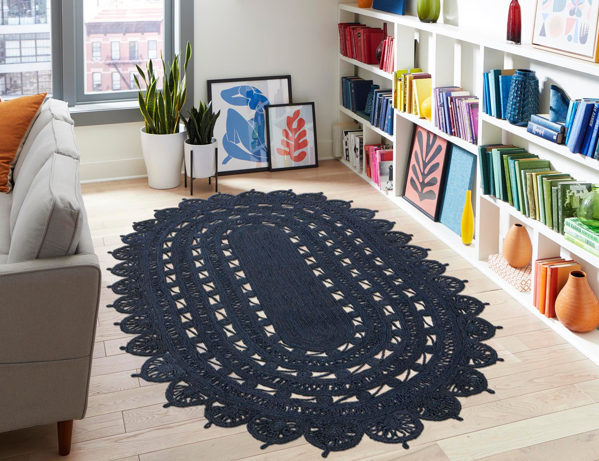 Navy Blue 4' 1 x 6' 1 Hand Braided Jute Oval Rug | Rugs.com
