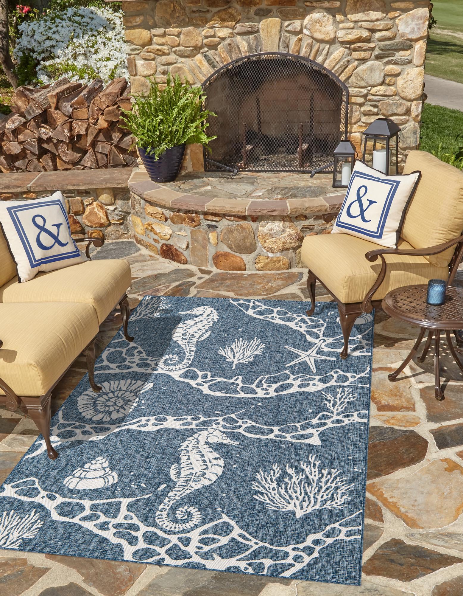 Navy Blue 5' 3 x 8' Coastal Indoor / Outdoor Rug | Rugs.com