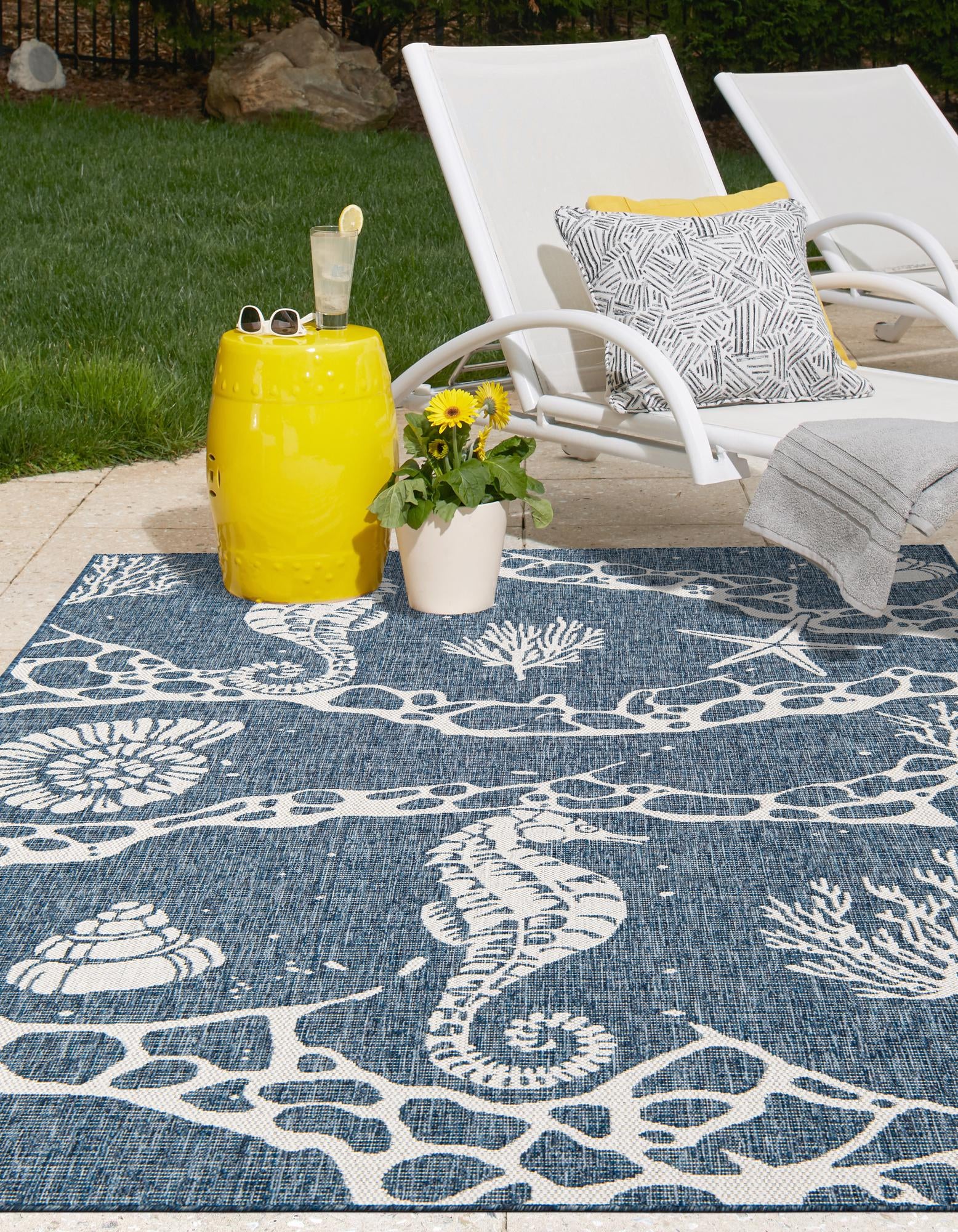 Navy Blue 9' x 12' Coastal Indoor / Outdoor Rug | Rugs.com