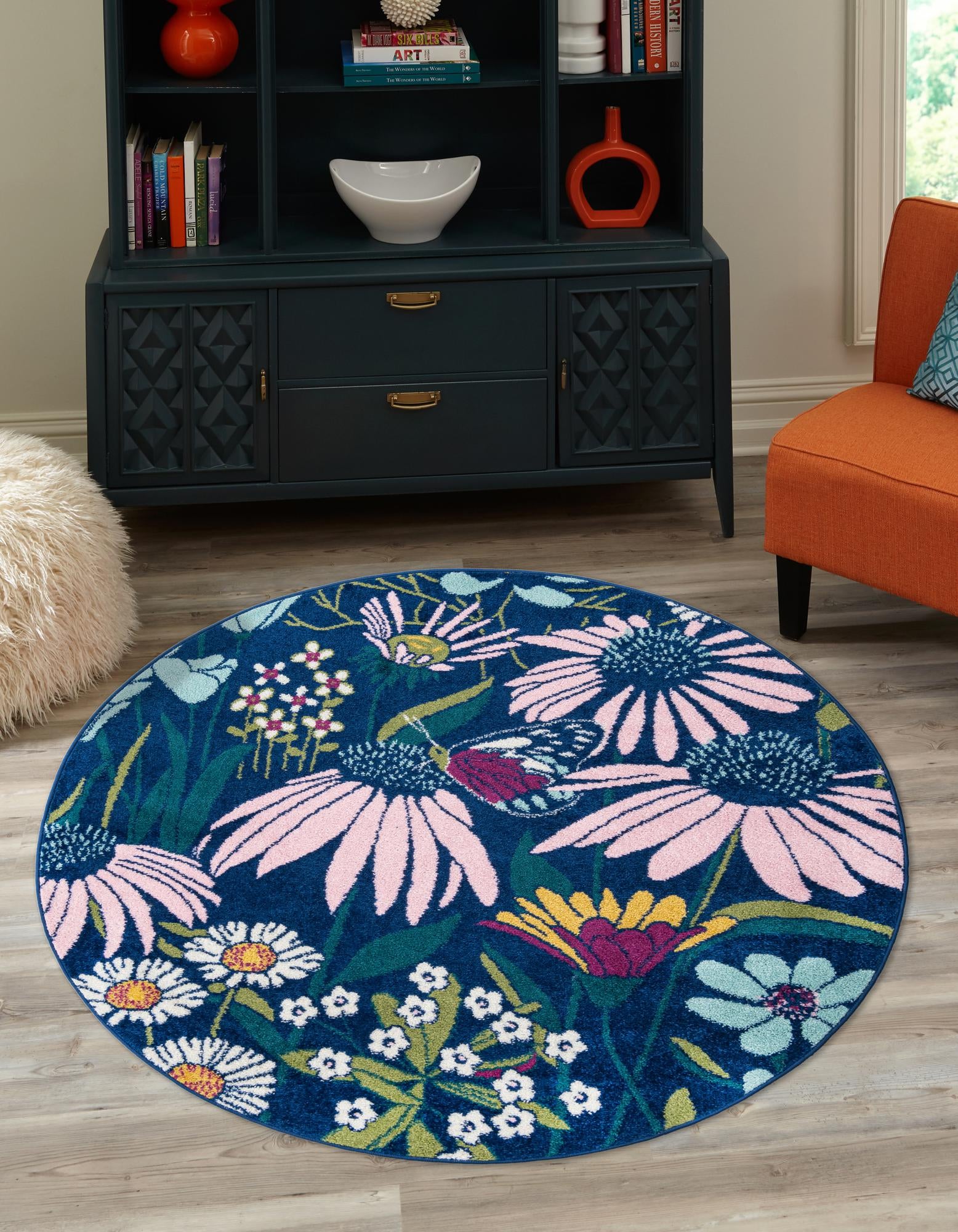 Navy Blue 6' x 6' Bloom Round Rug | Rugs.com