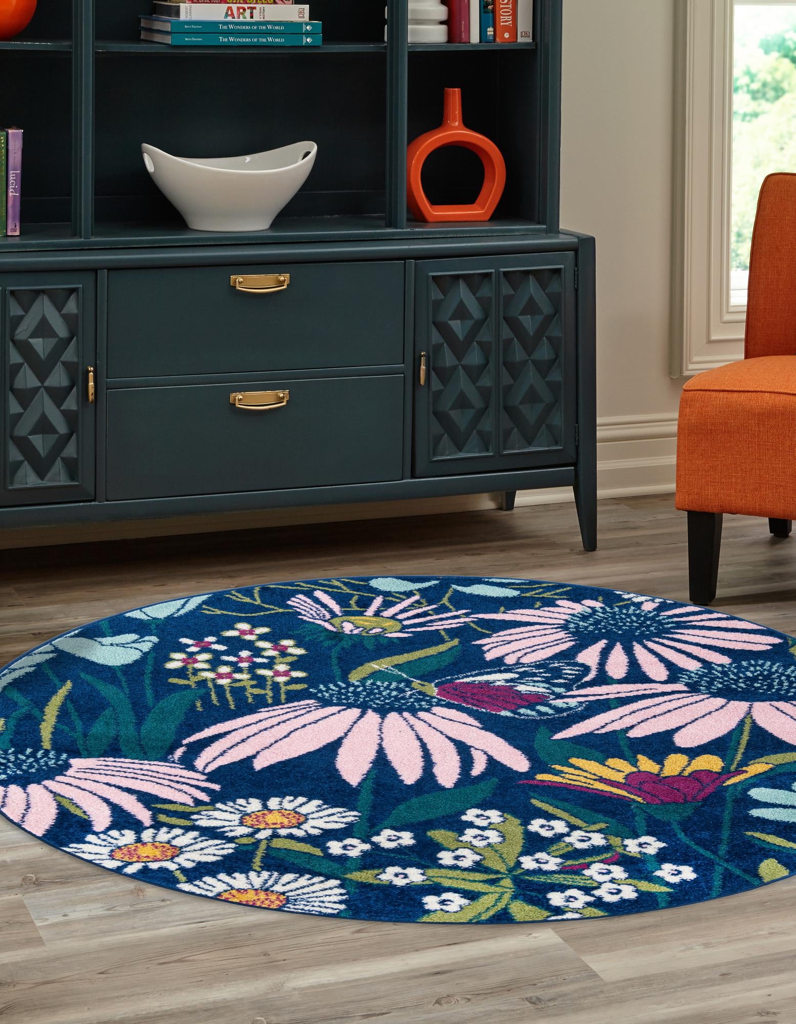 Navy Blue 6' x 6' Bloom Round Rug | Rugs.com