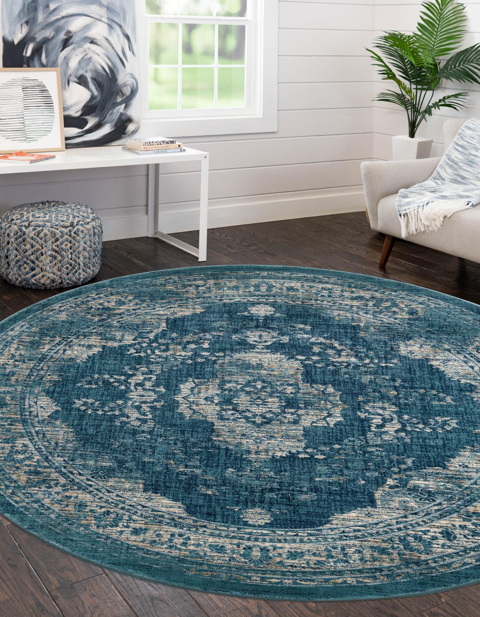Navy Blue 7' 10 x 7' 10 Dahlia Round Rug | Rugs.com