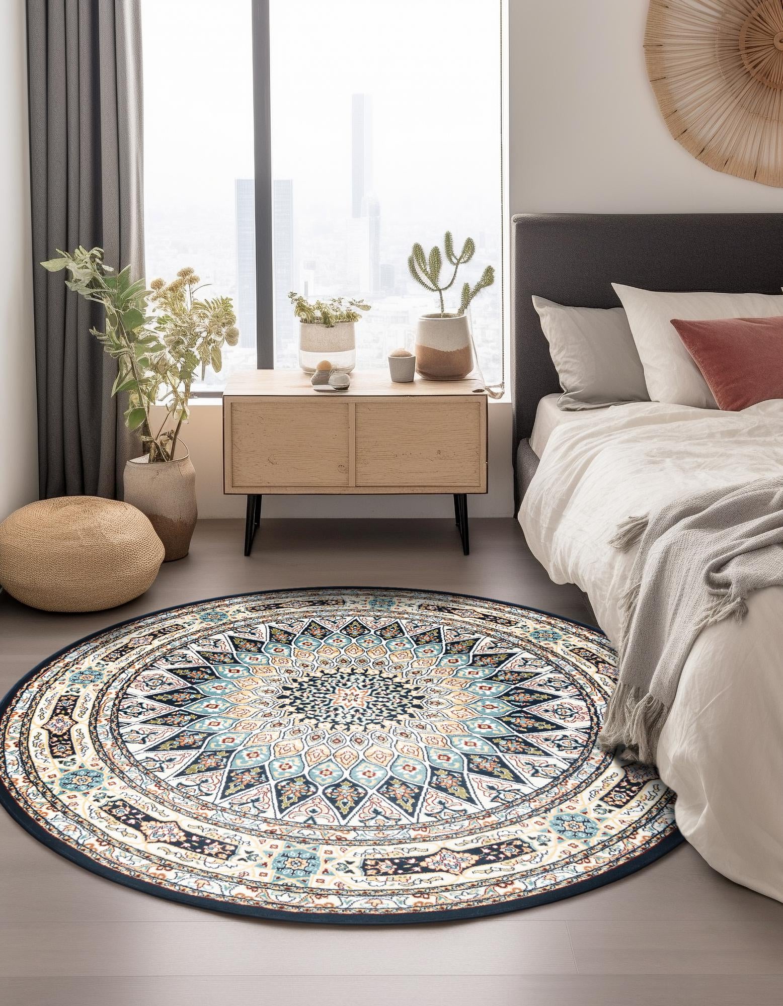 Navy Blue 10' x 10' Nain Design Round Rug | Rugs.com
