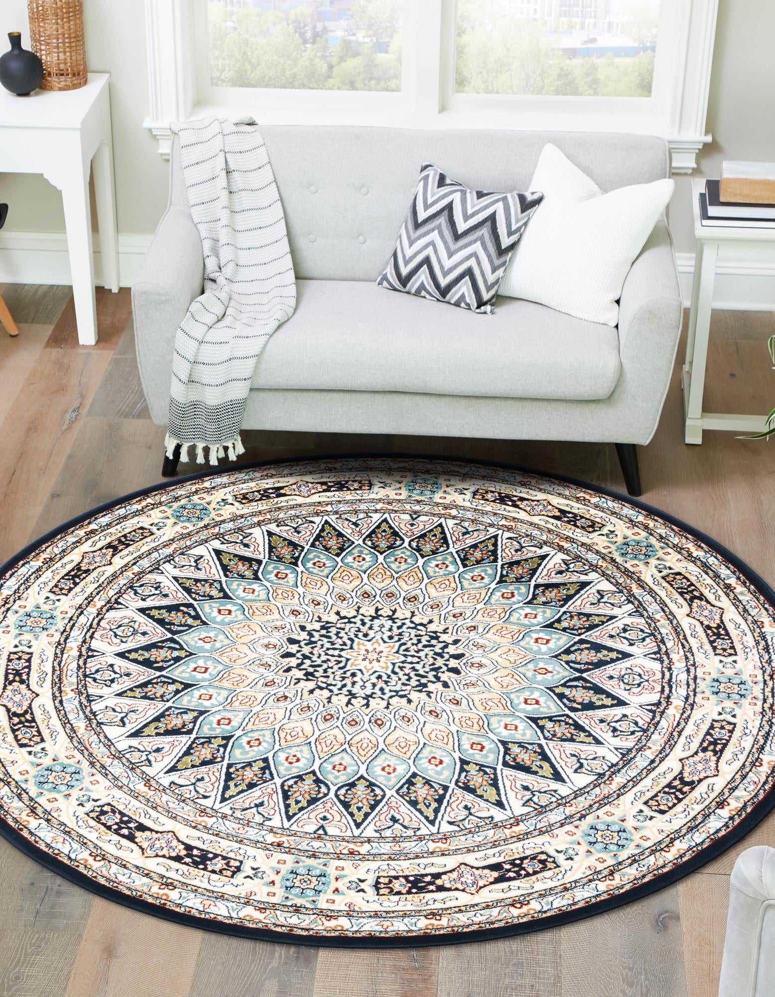 Navy Blue 4' x 4' Nain Design Round Rug | Rugs.com