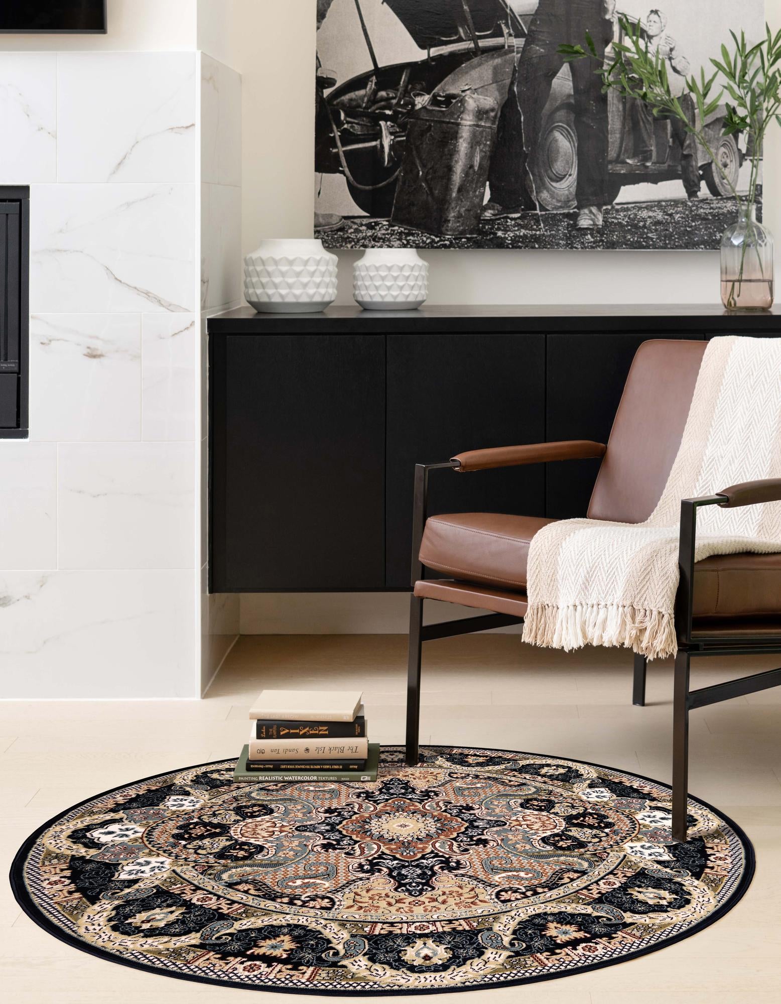 Navy Blue 7' 10 x 7' 10 Nain Design Round Rug | Rugs.com