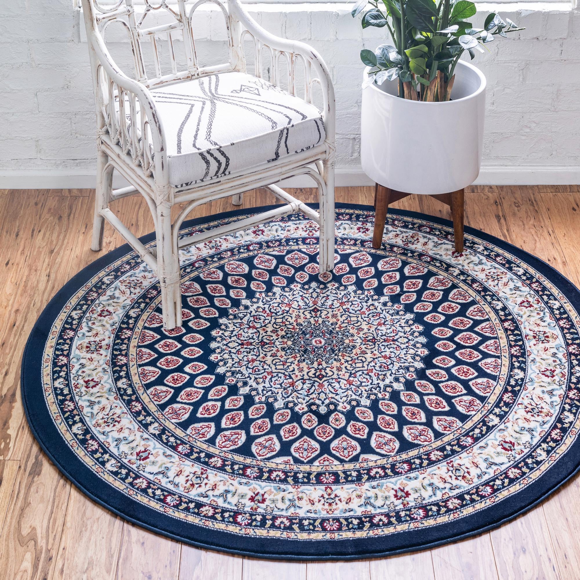 Navy Blue 5' x 5' Nain Design Round Rug | Rugs.com