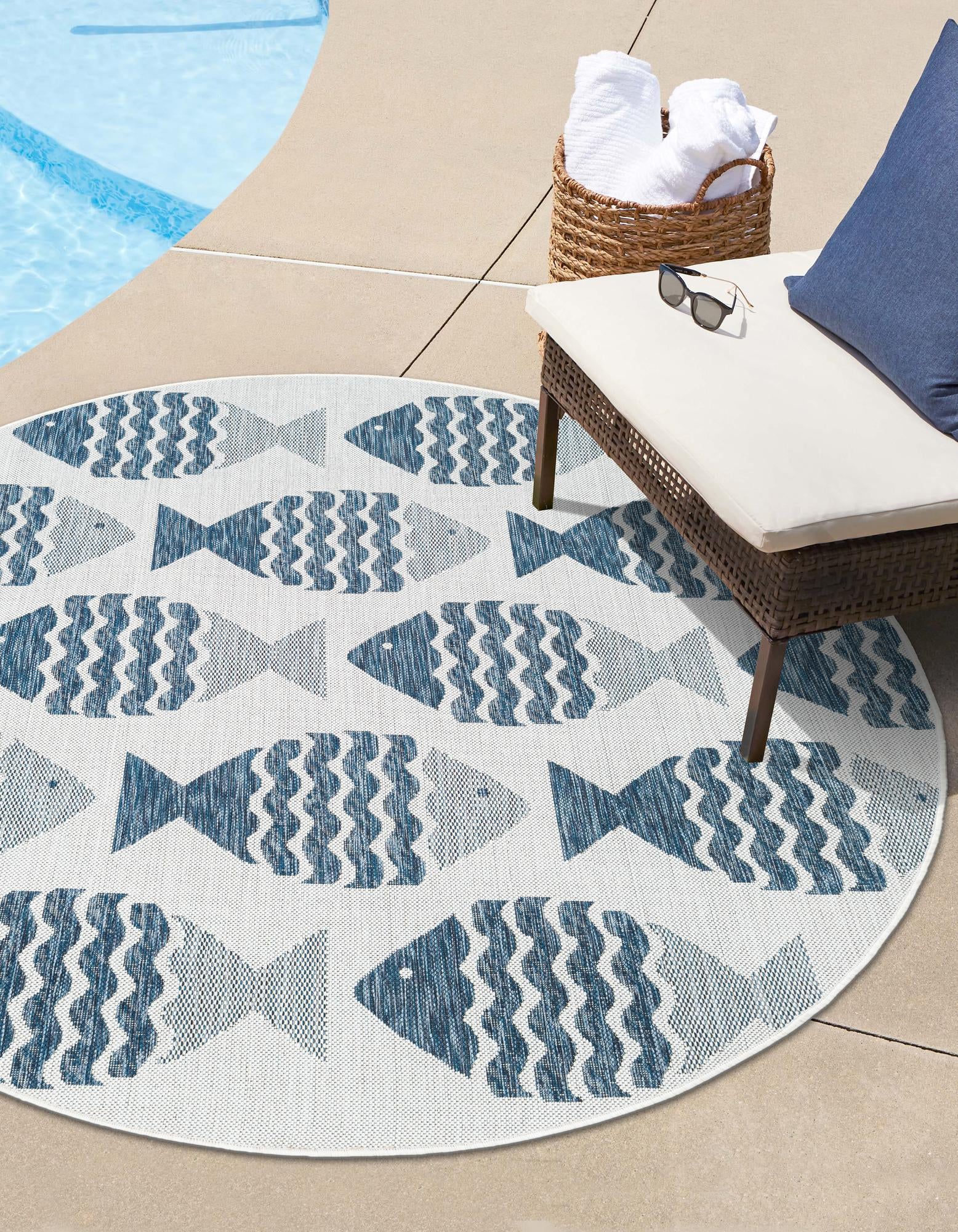 Navy Blue 4' x 4' Coastal Indoor / Outdoor Round Rug | Rugs.com