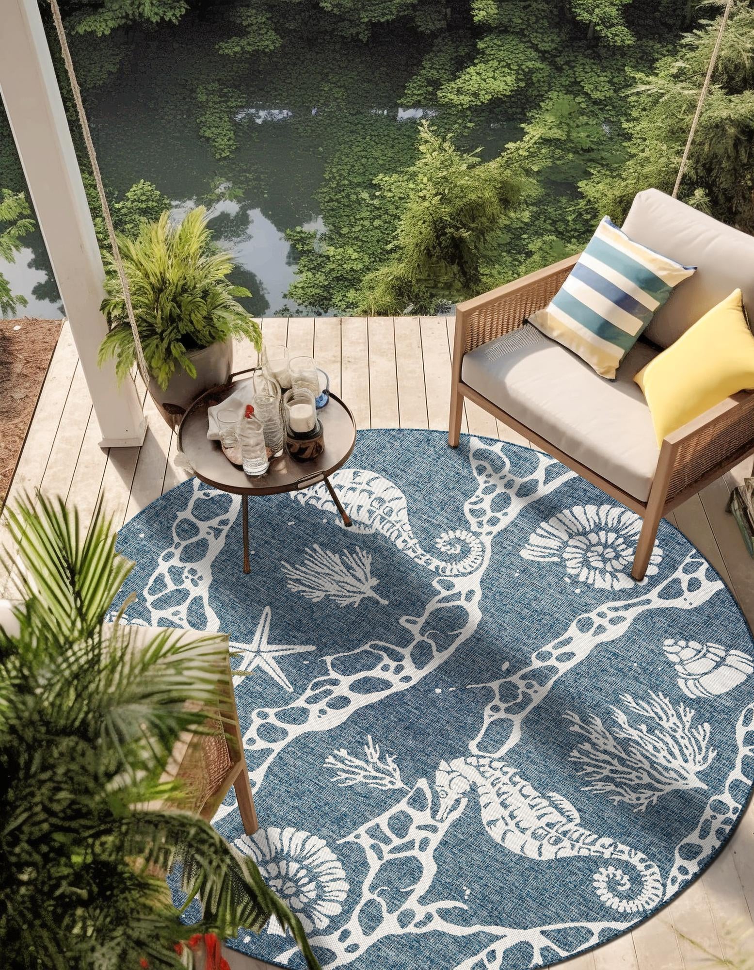 Navy Blue 3' x 3' Coastal Indoor / Outdoor Round Rug | Rugs.com