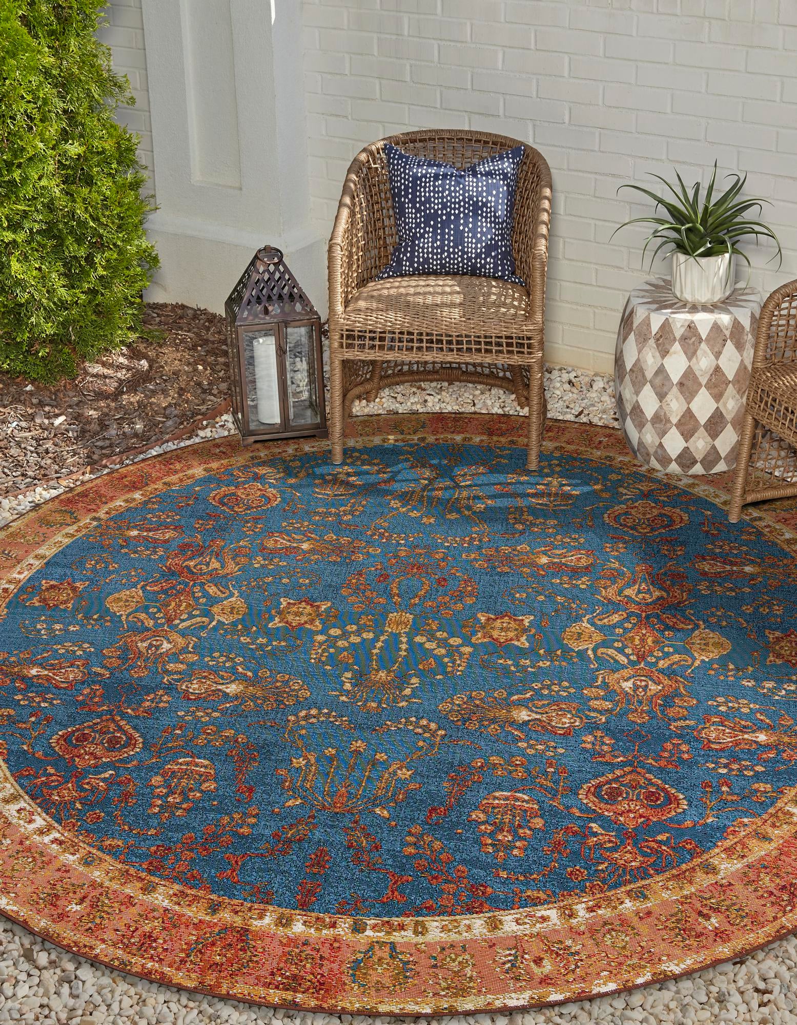 Navy Blue 6' x 6' Traditional Indoor / Outdoor Round Rug | Rugs.com