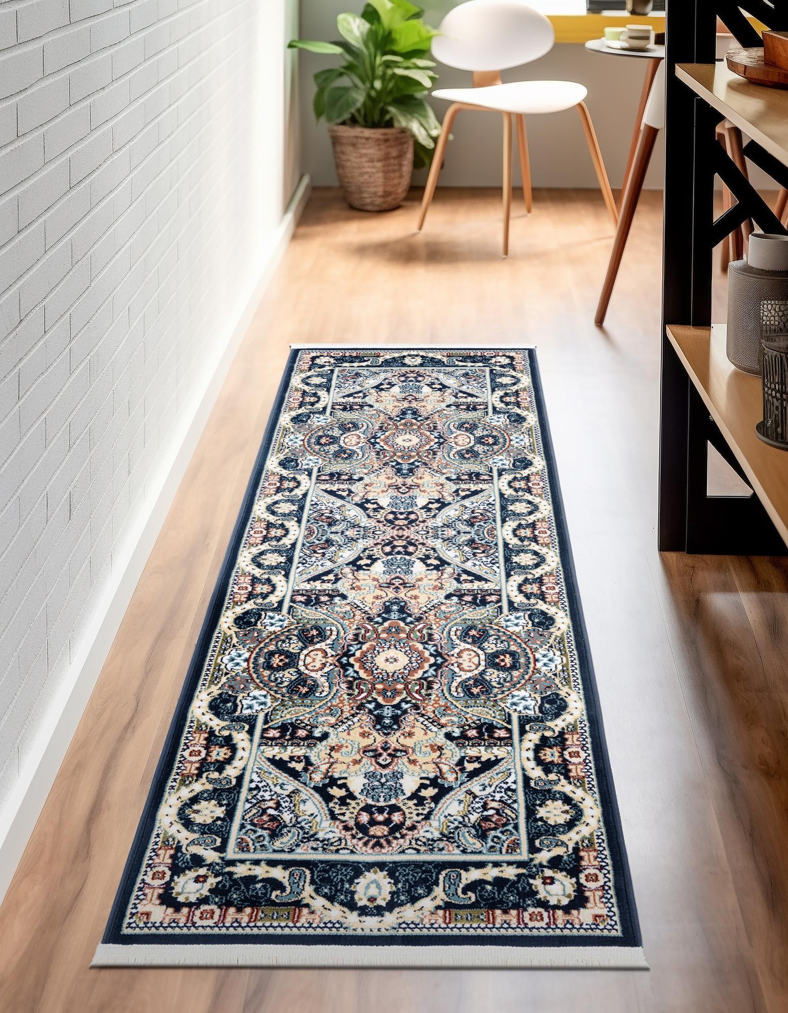 Navy Blue 3' x 13' Nain Design Runner Rug | Rugs.com