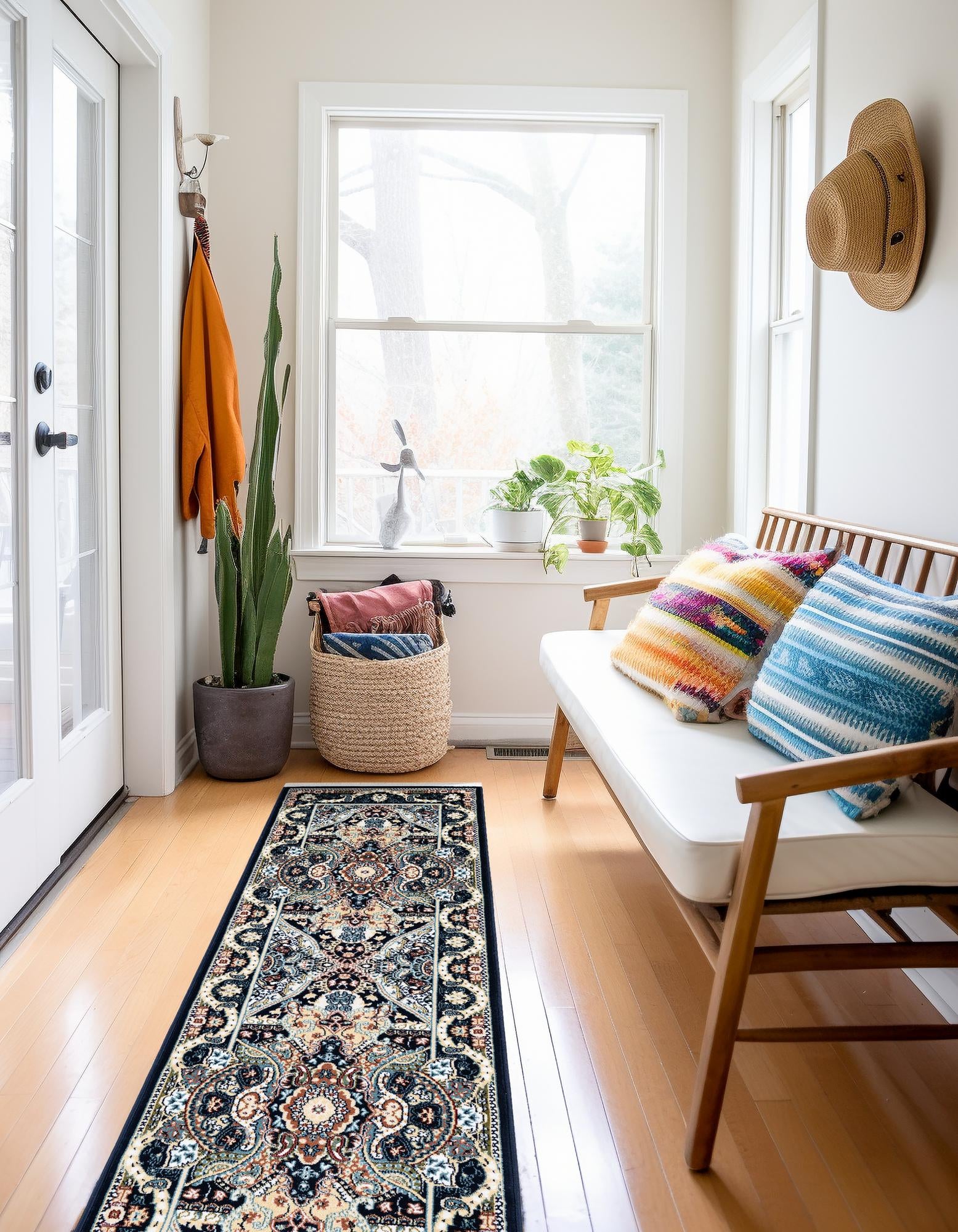 Navy Blue 3' x 13' Nain Design Runner Rug | Rugs.com