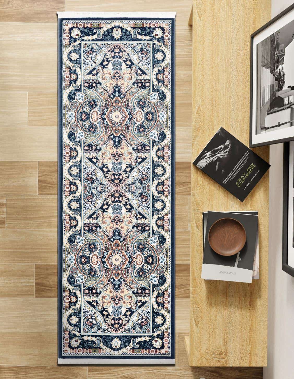 Navy Blue 3' x 13' Nain Design Runner Rug | Rugs.com