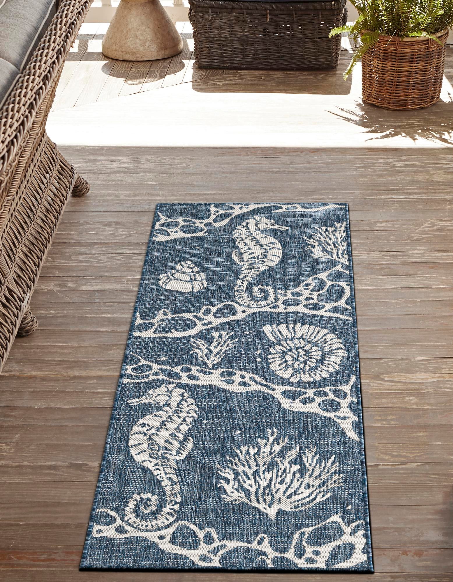 Navy Blue 2' x 6' Coastal Indoor / Outdoor Runner Rug | Rugs.com