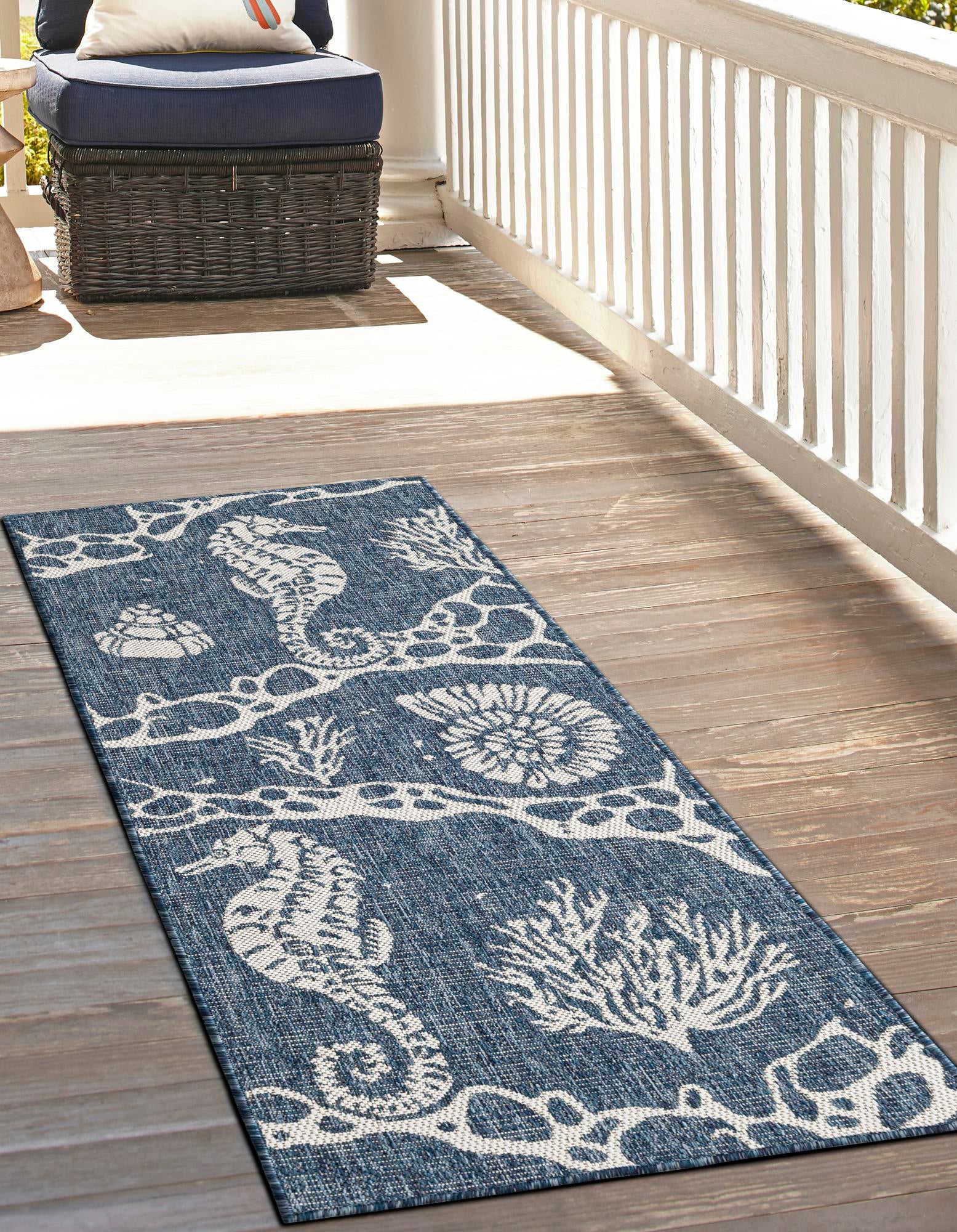 Navy Blue 2' x 6' Coastal Indoor / Outdoor Runner Rug | Rugs.com