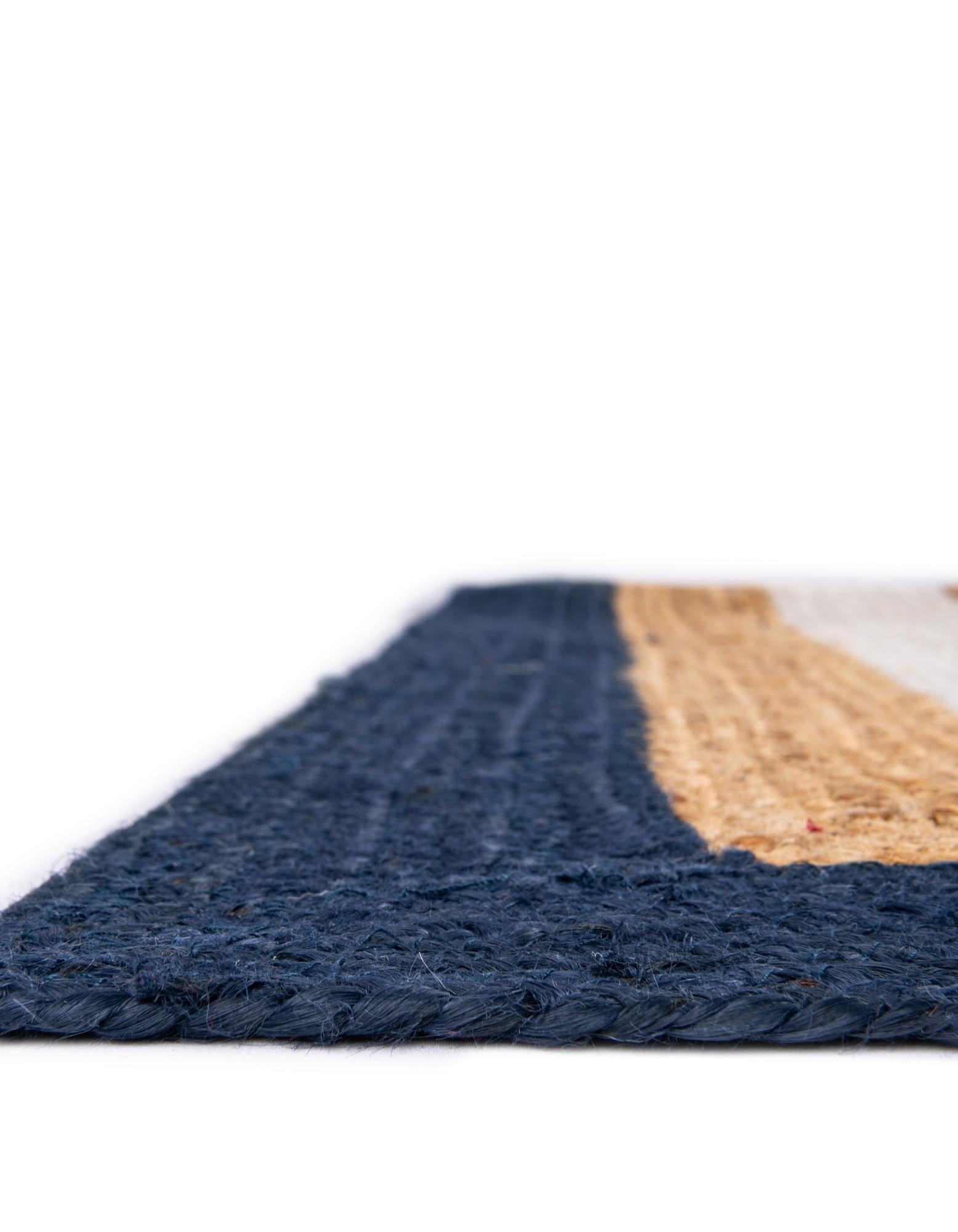 Navy Blue White Natural 2' x 8' Hand Braided Jute Runner Rug | Rugs.com